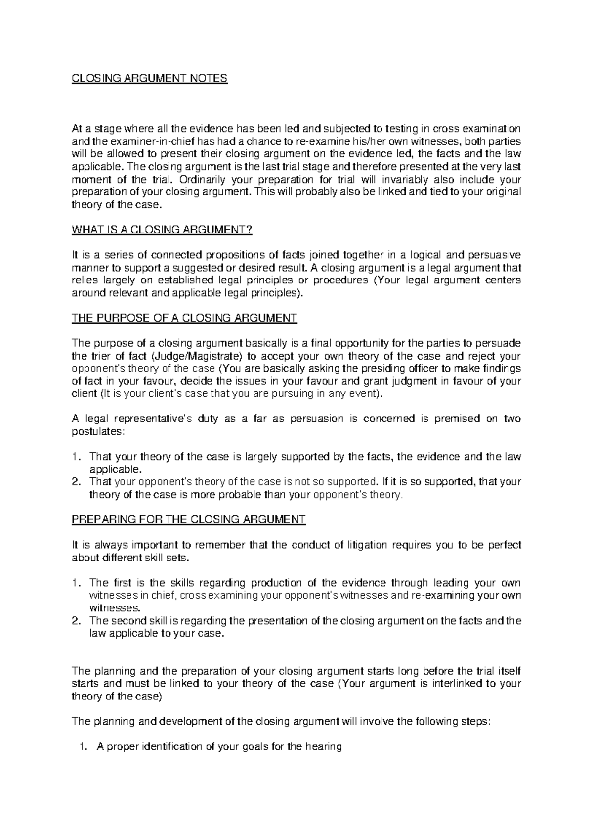 Closing arguments notes - CLOSING ARGUMENT NOTES At a stage where all ...
