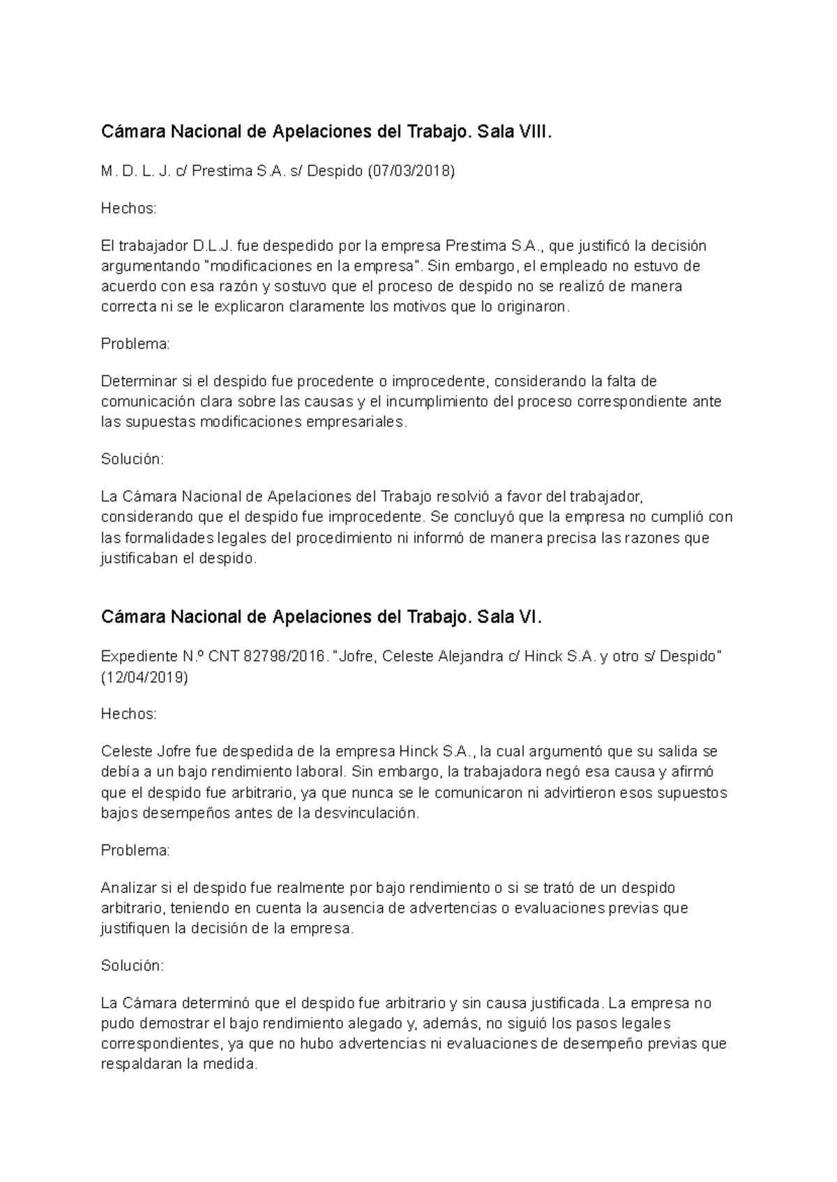Análisis de Despidos Arbitrarios: Casos de Prestima S.A. y Hinck S.A ...