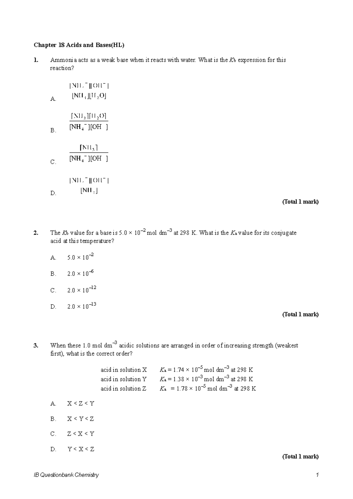 18(HL) IB Acid Base - Topic 8 Practice Quiz Questions and Answers - Studocu
