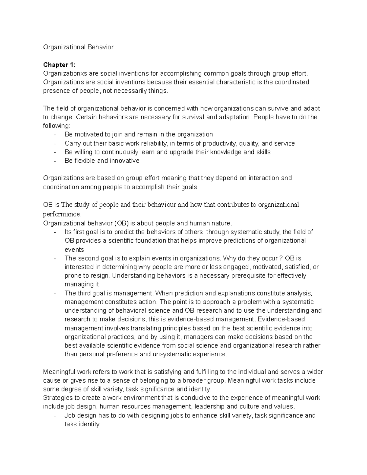 OB Chapter 1 & 2 - Organizational behaviour notes - Organizational ...
