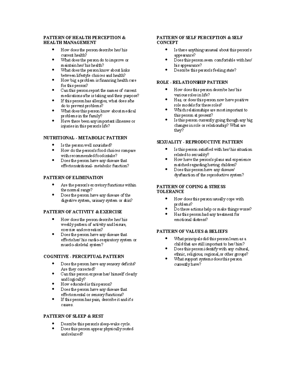 11888459 Health Perception & Management Functional Patterns Questions ...