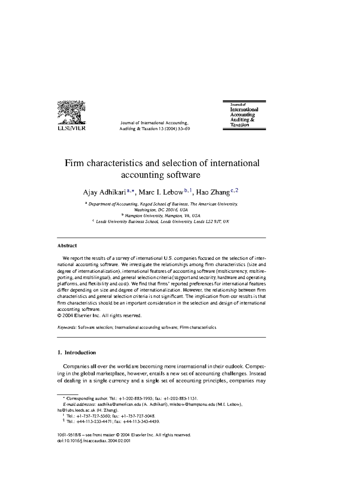 International Accounting Software Selection: Firm Characteristics ...