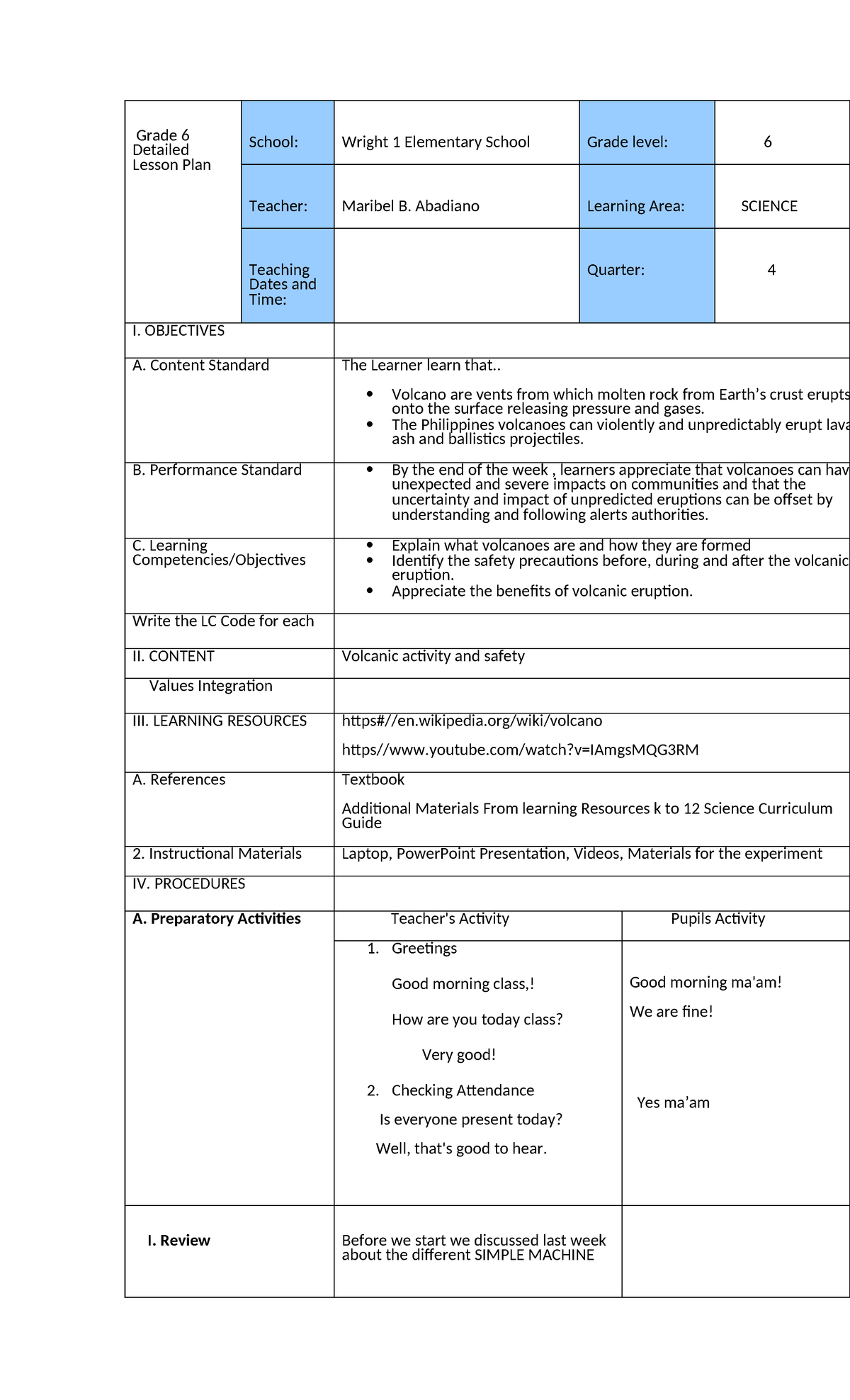 Grade 6 Science Lesson Plan: Understanding Volcanoes and Safety - Studocu