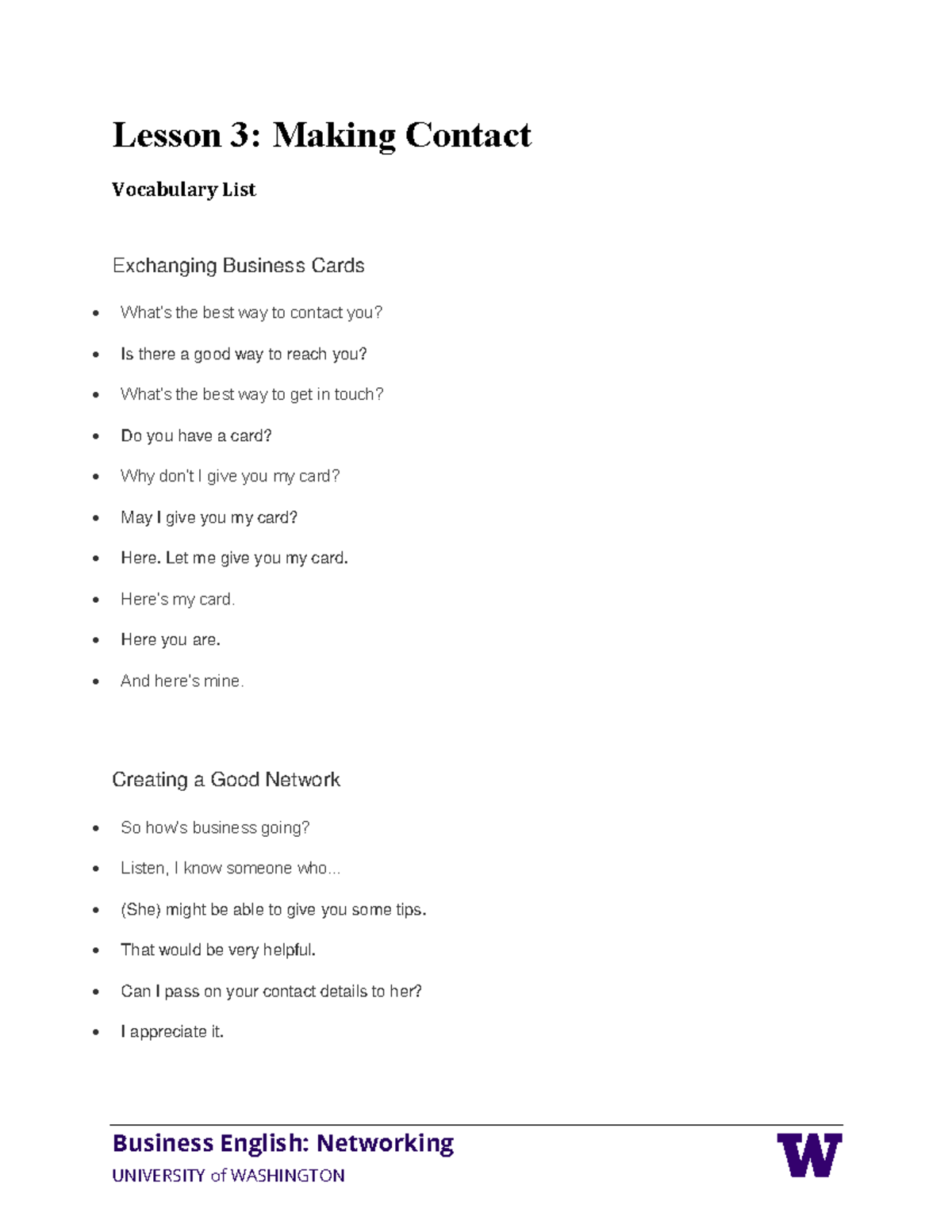 Lesson 3: Vocabulary list for business English networking - Studocu