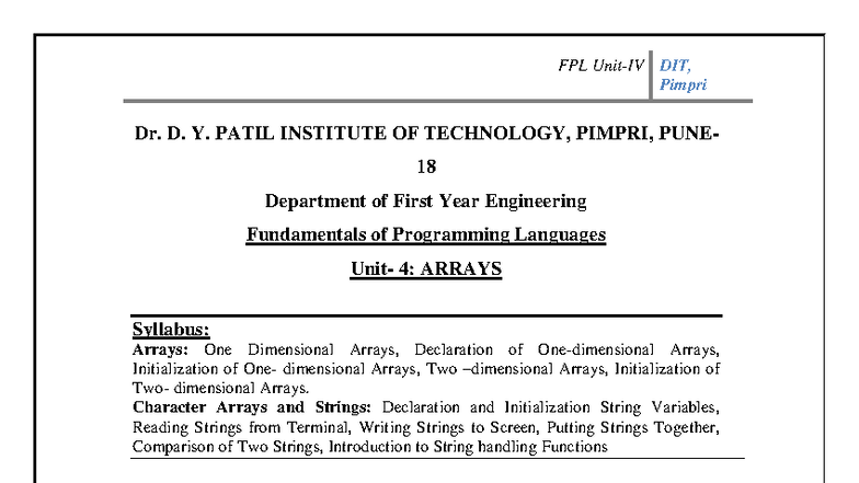FPL DIT: Unit 4 Lecture Notes on Arrays in C Programming - Studocu