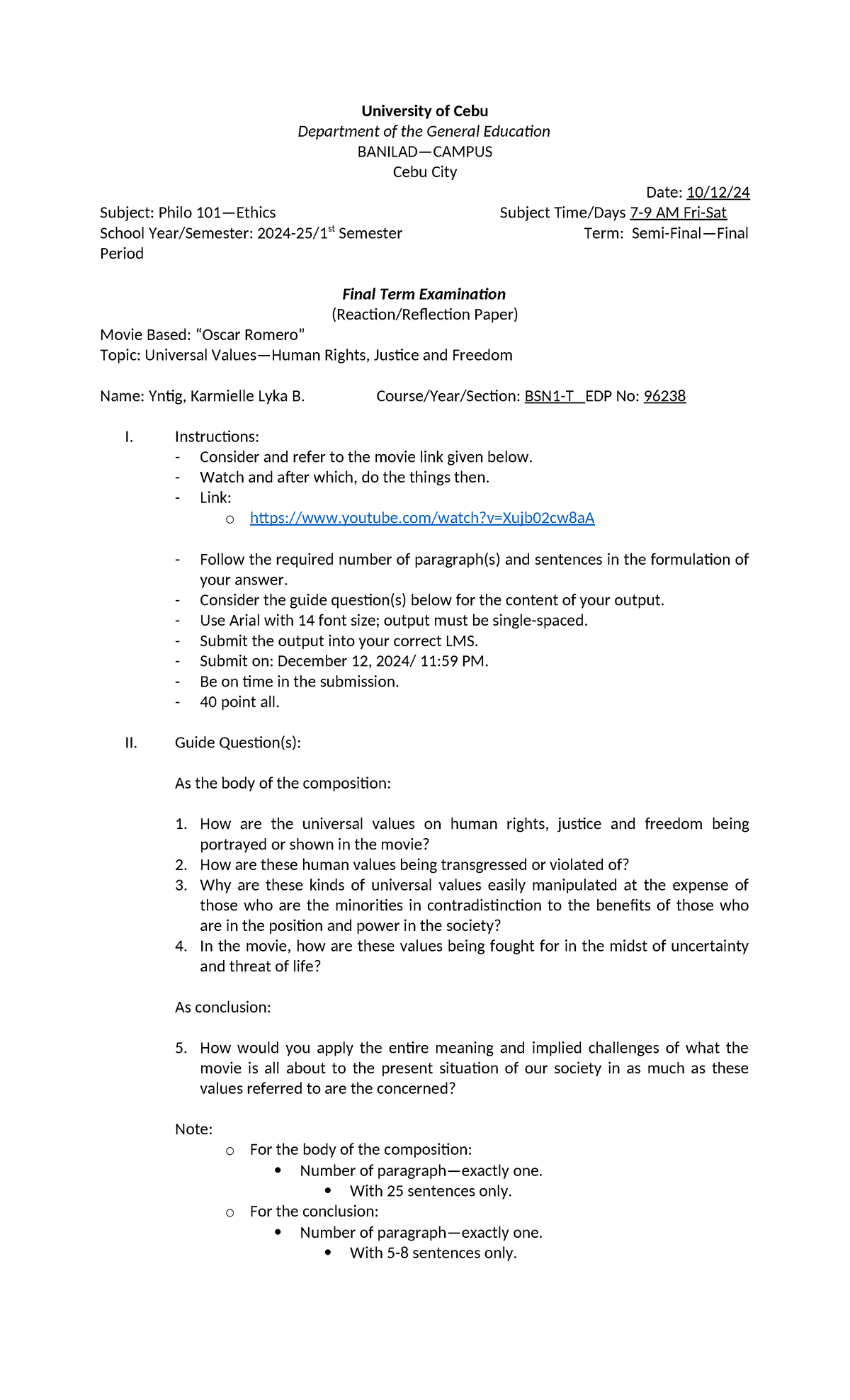 Final Term Examination-Reaction-Reflection Paper-Movie Based- Oscar ...