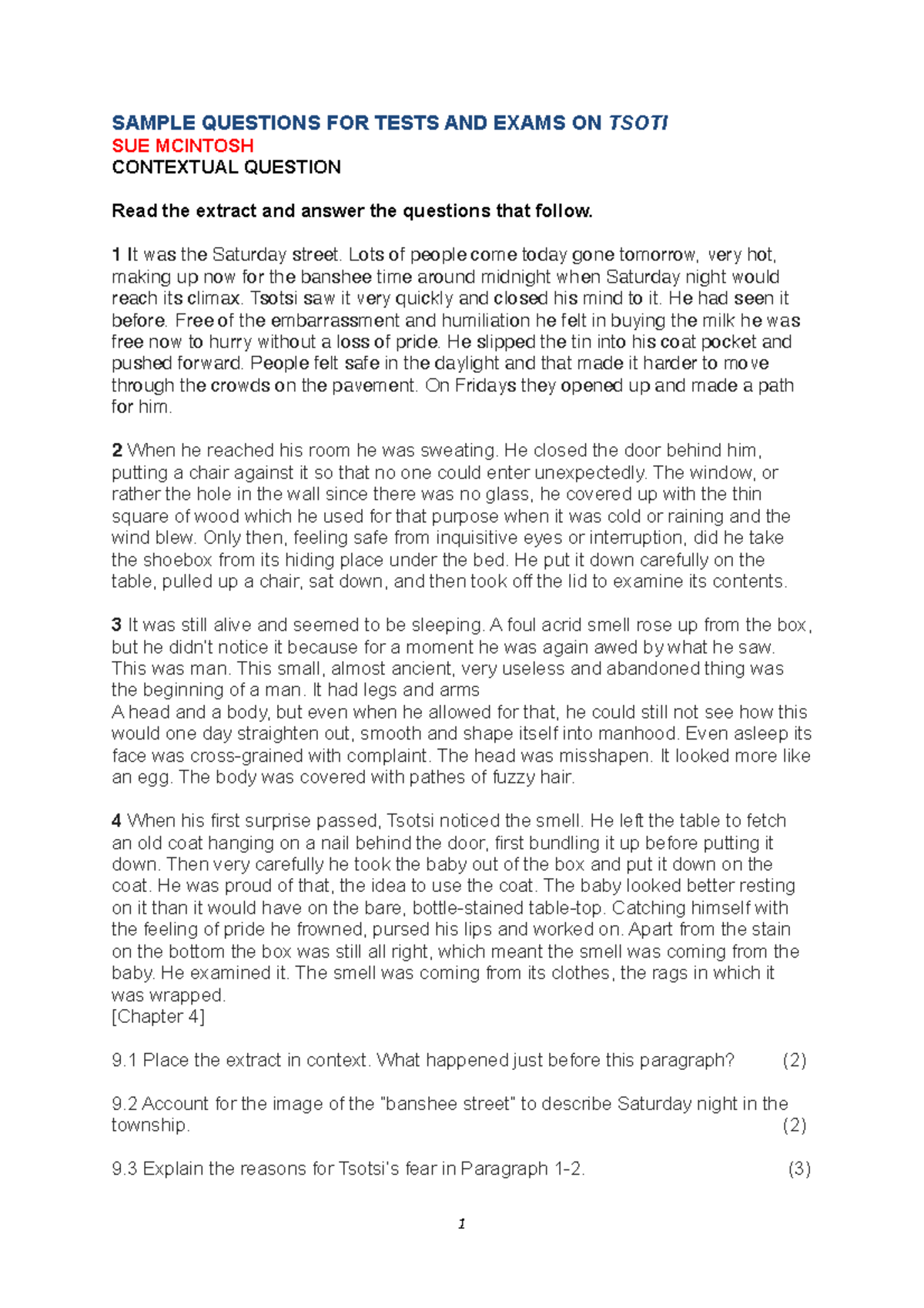 Sample Questions for Tests and Exams: Tsotsi Contextual Analysis - Studocu