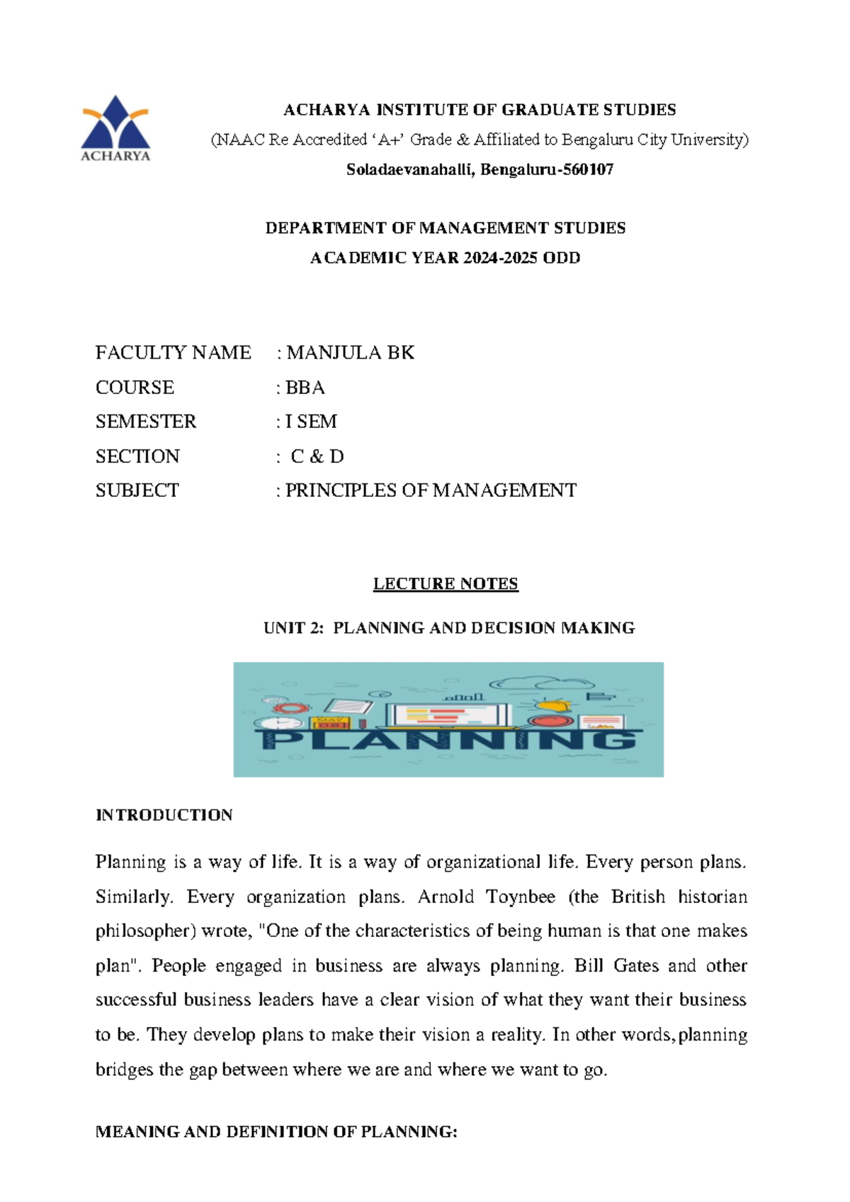 BBA I Sem: Principles of Management - Module 2 Planning Lecture Notes ...