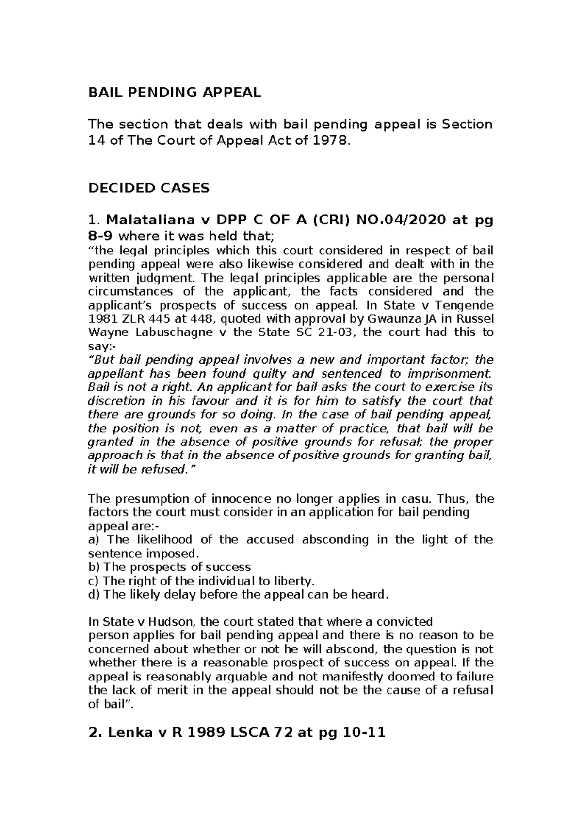 BAIL Pending Appeal: Legal Principles and Case Summaries - Studocu