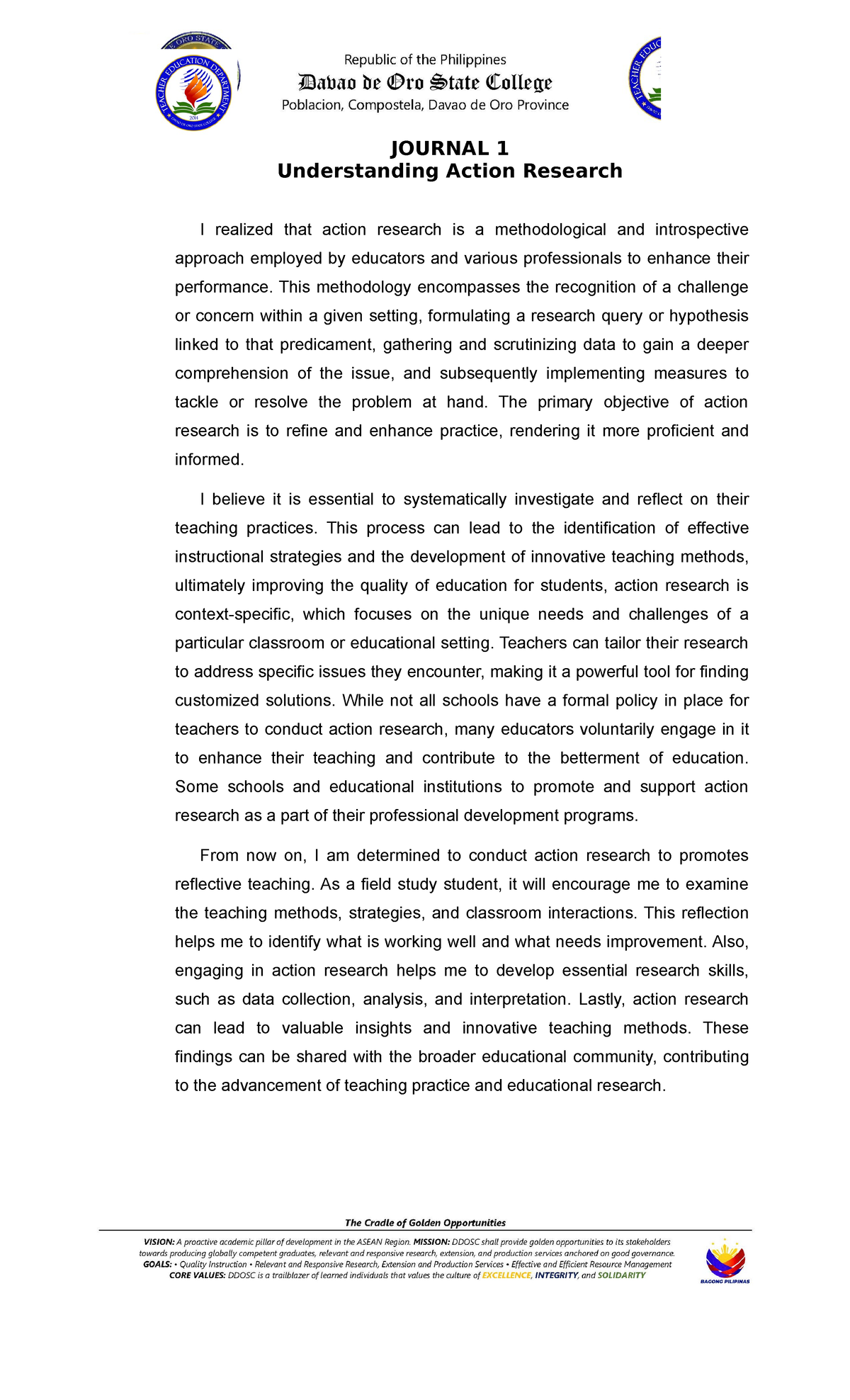 Journal- Chapter 1 - Understanding Action Research I realized that ...