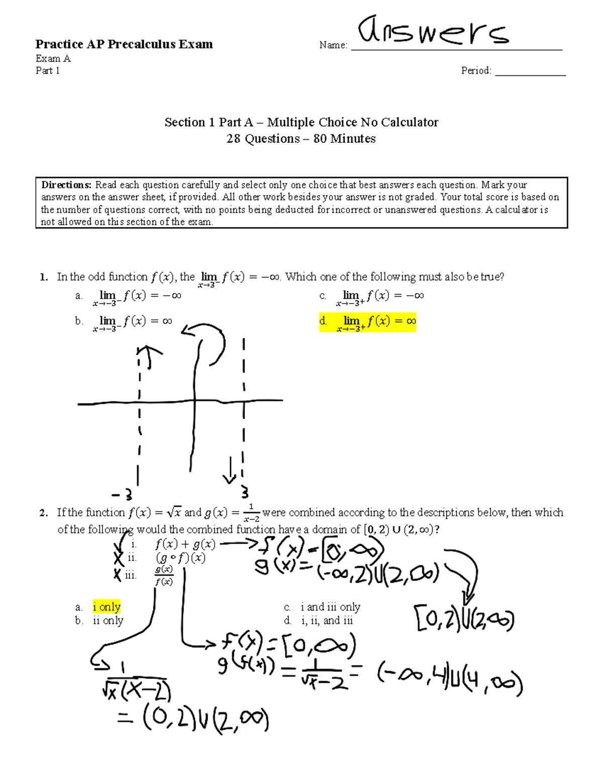 AP Precalculus Exam A Answers Explanations - Practice AP Precalculus ...