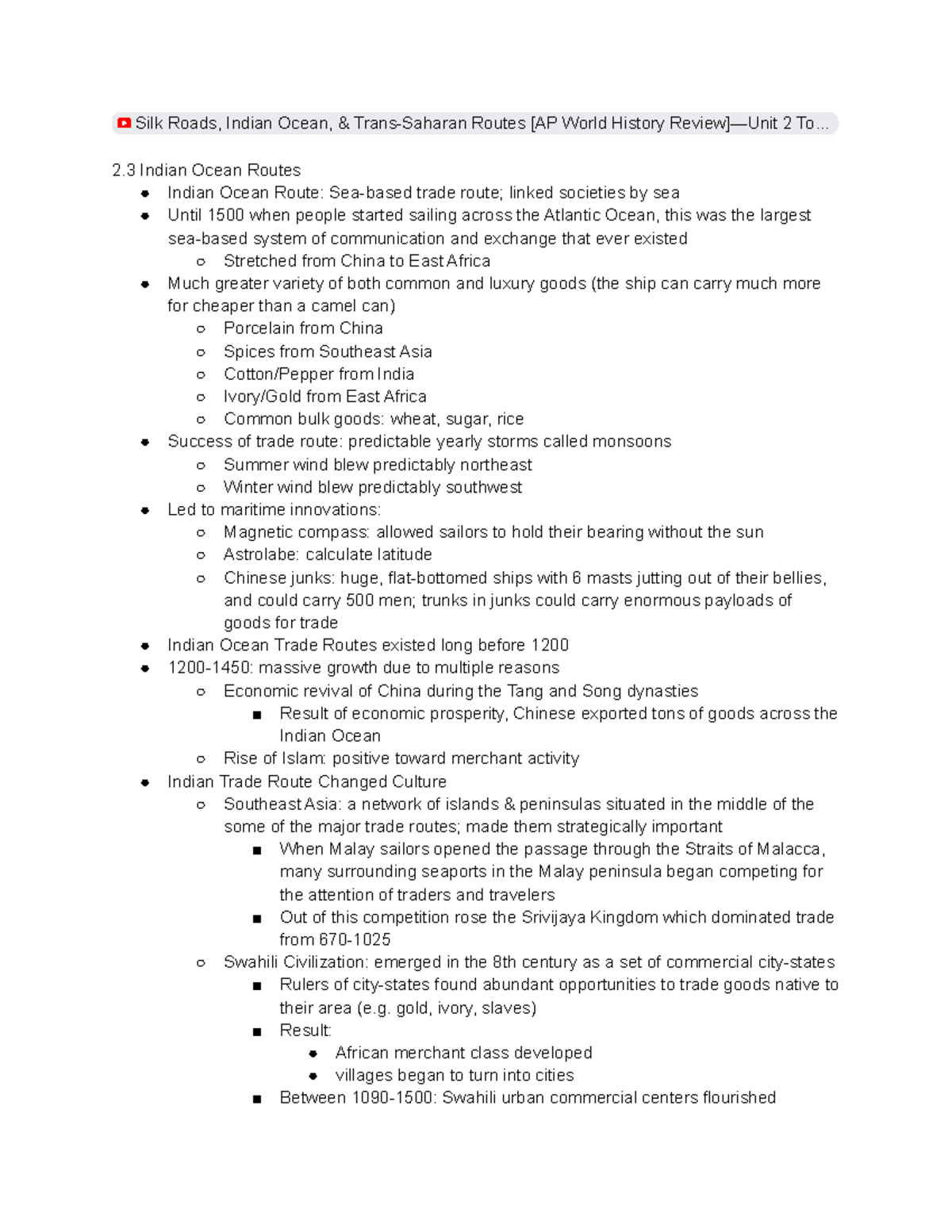AP World History Review: Unit 2.3-2.4 Notes on Trade Routes - Studocu
