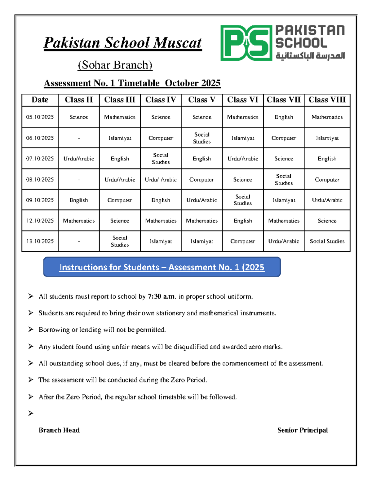 Pakistan School Muscat Class II-VII Assessment No. 1 Timetable Oct 2025 ...