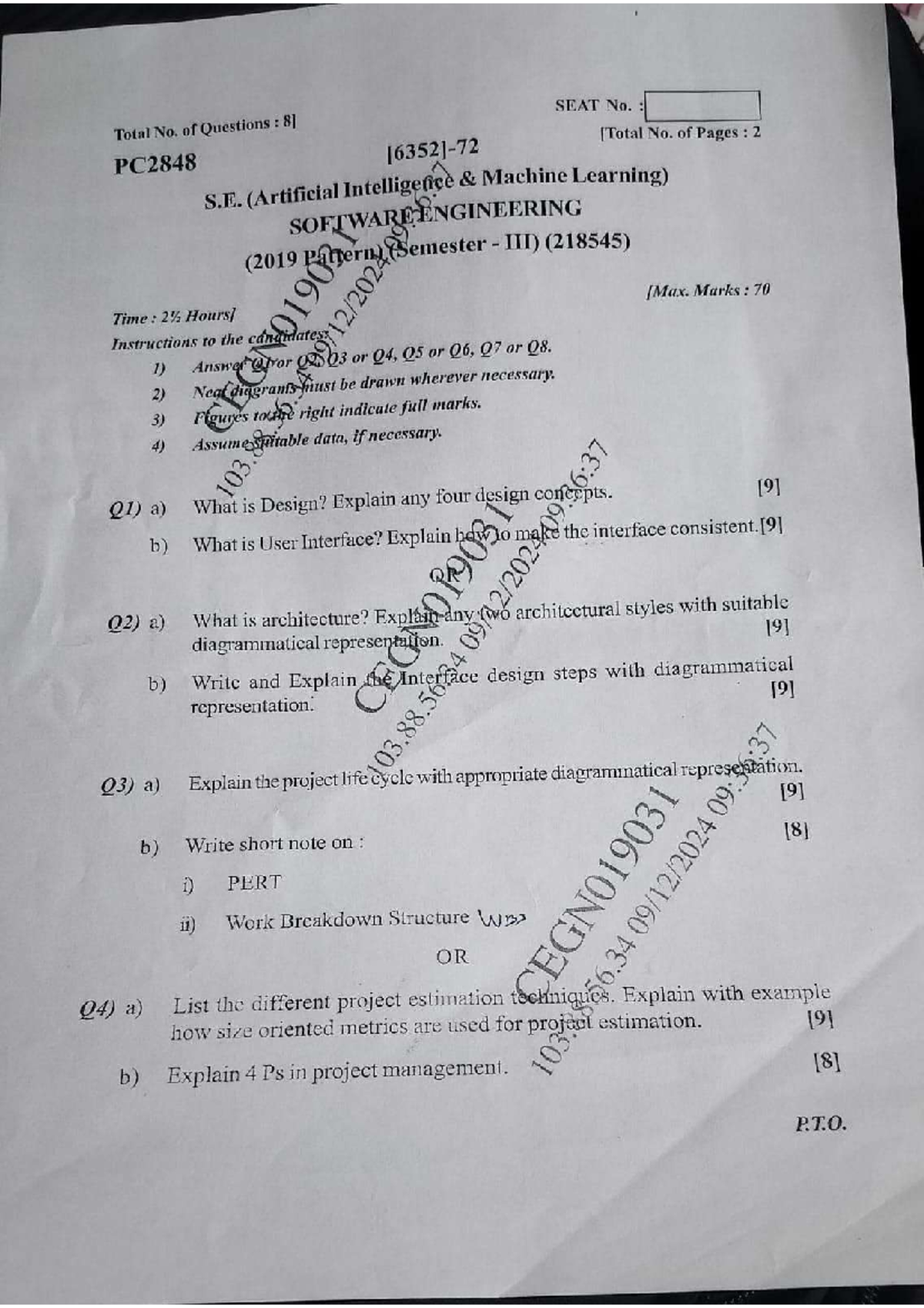 Que PQGE2 - SE-AIML 2024 Question Paper for Software Engineering Exam ...