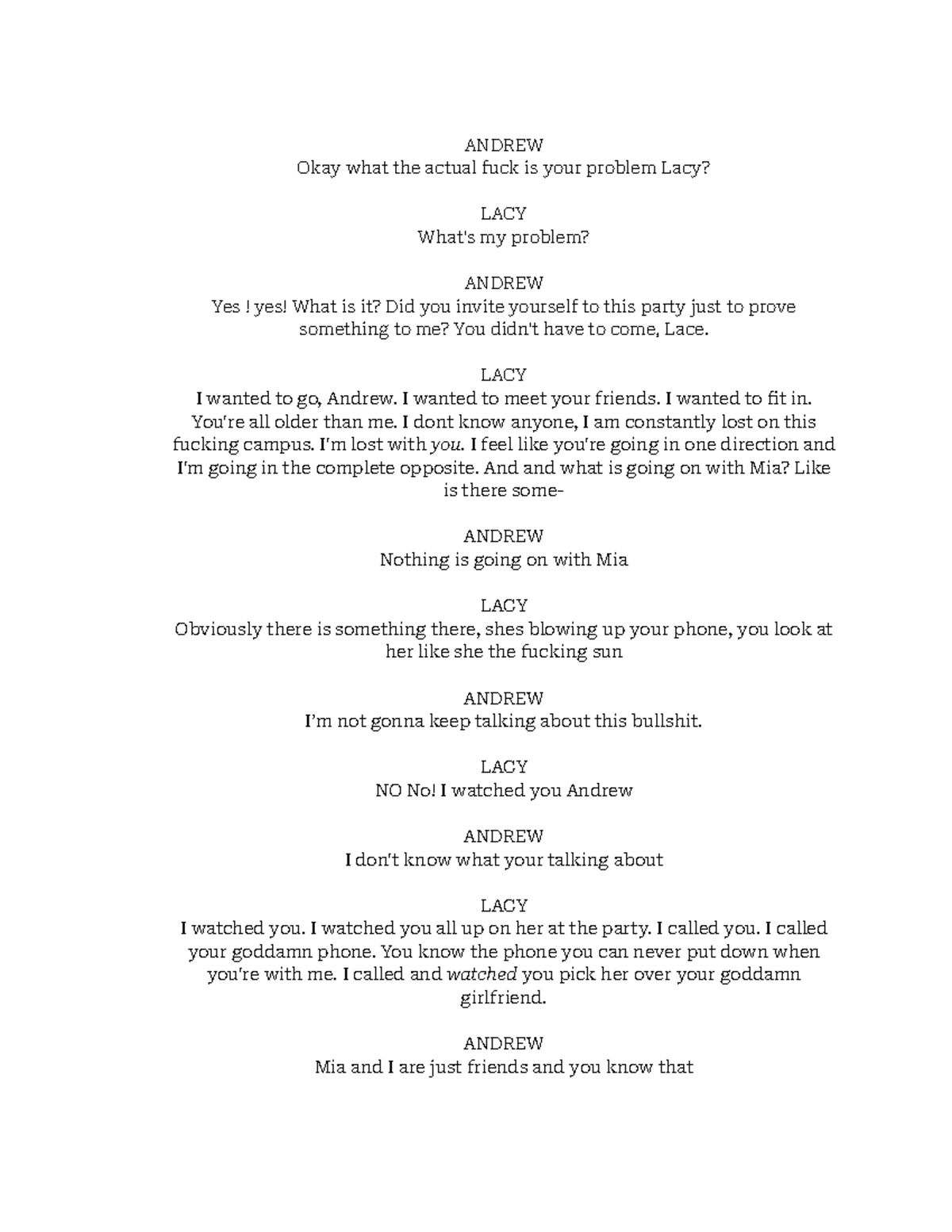 Drama Script Excerpt: Andrew & Lacy Confrontation Scene - Studocu