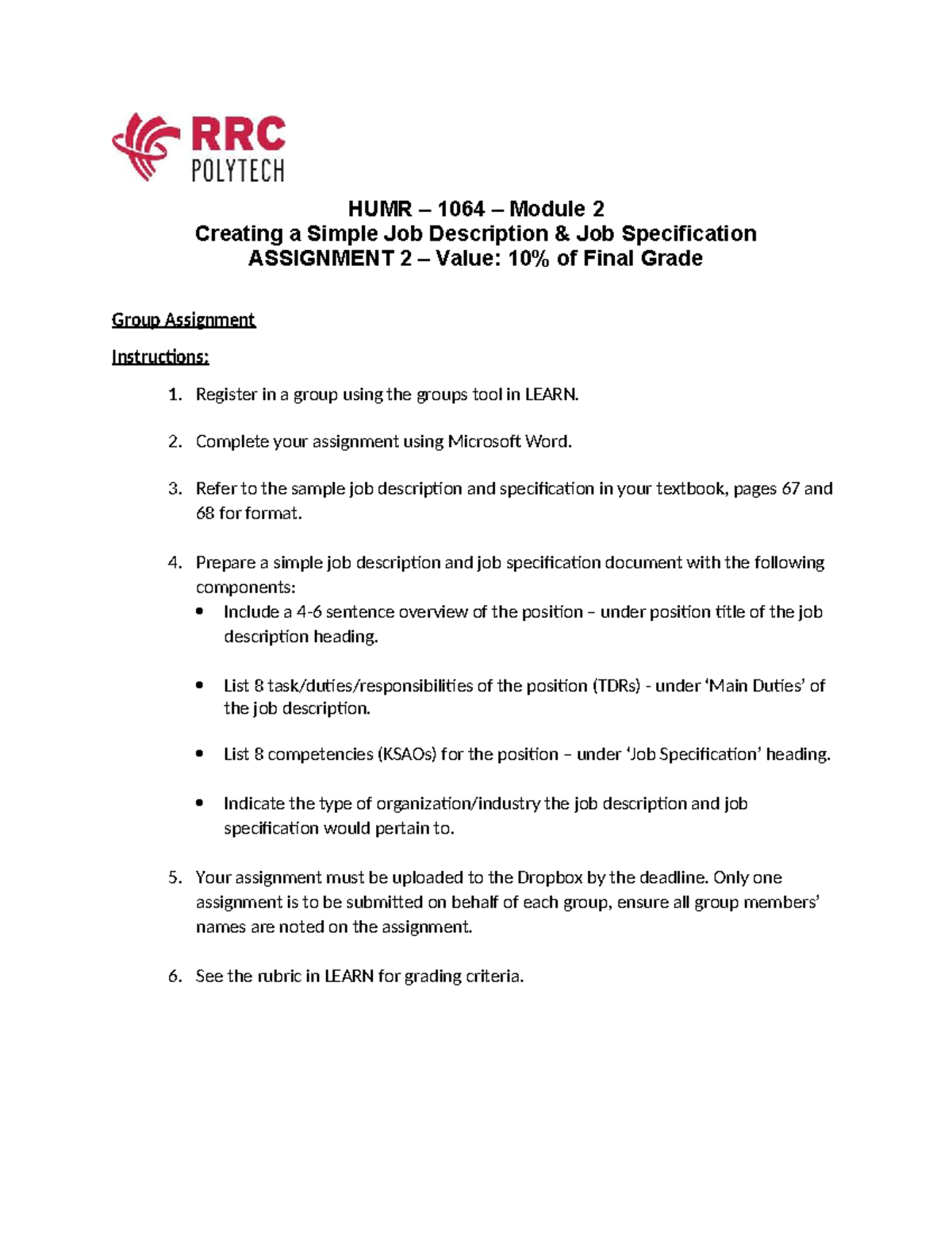 HUMR 1064 Module 2 Job Description & Specification Group Assignment ...