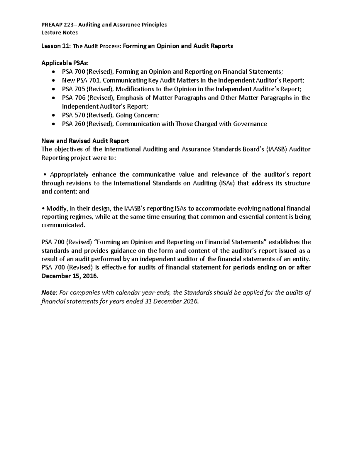 PREAAP Auditing and Assurance Principles Lecture Notes: Lesson 11 ...