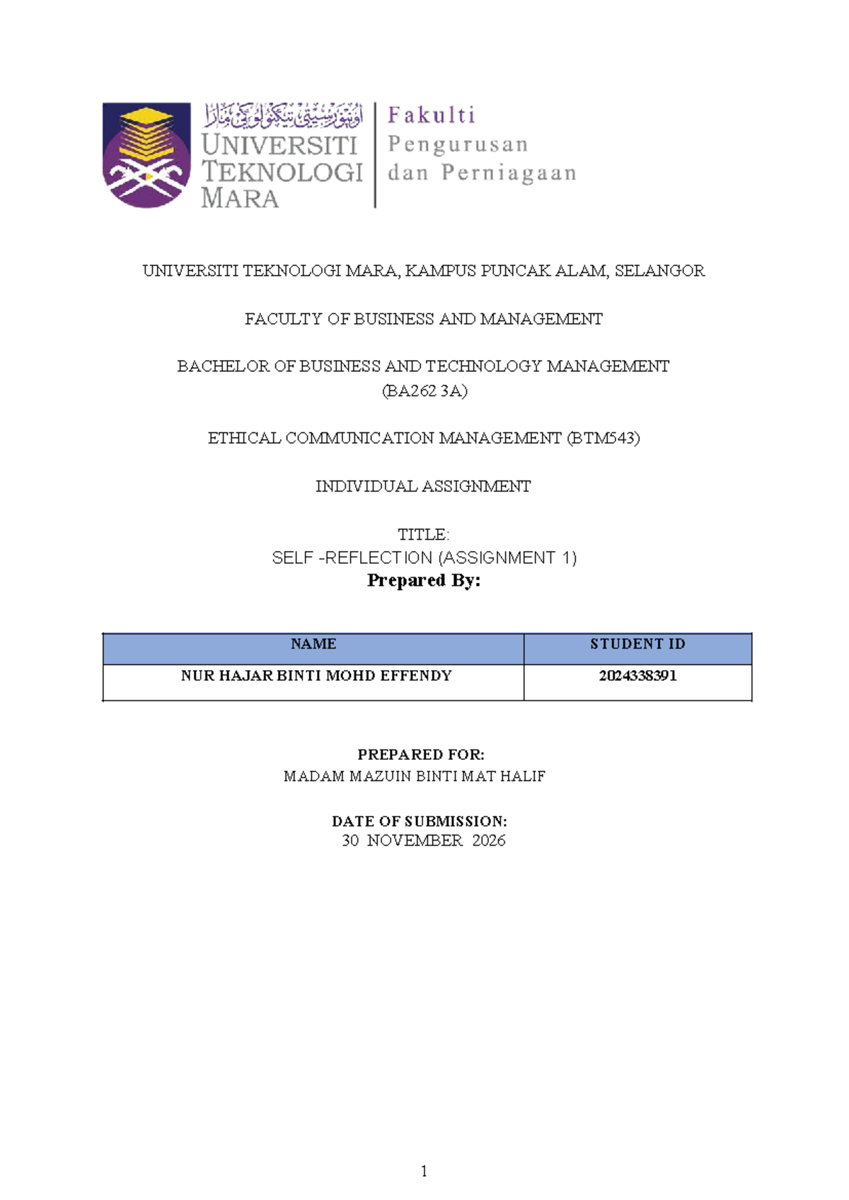 BTM543 Ethical Communication Management: Self-Reflection Assignment ...