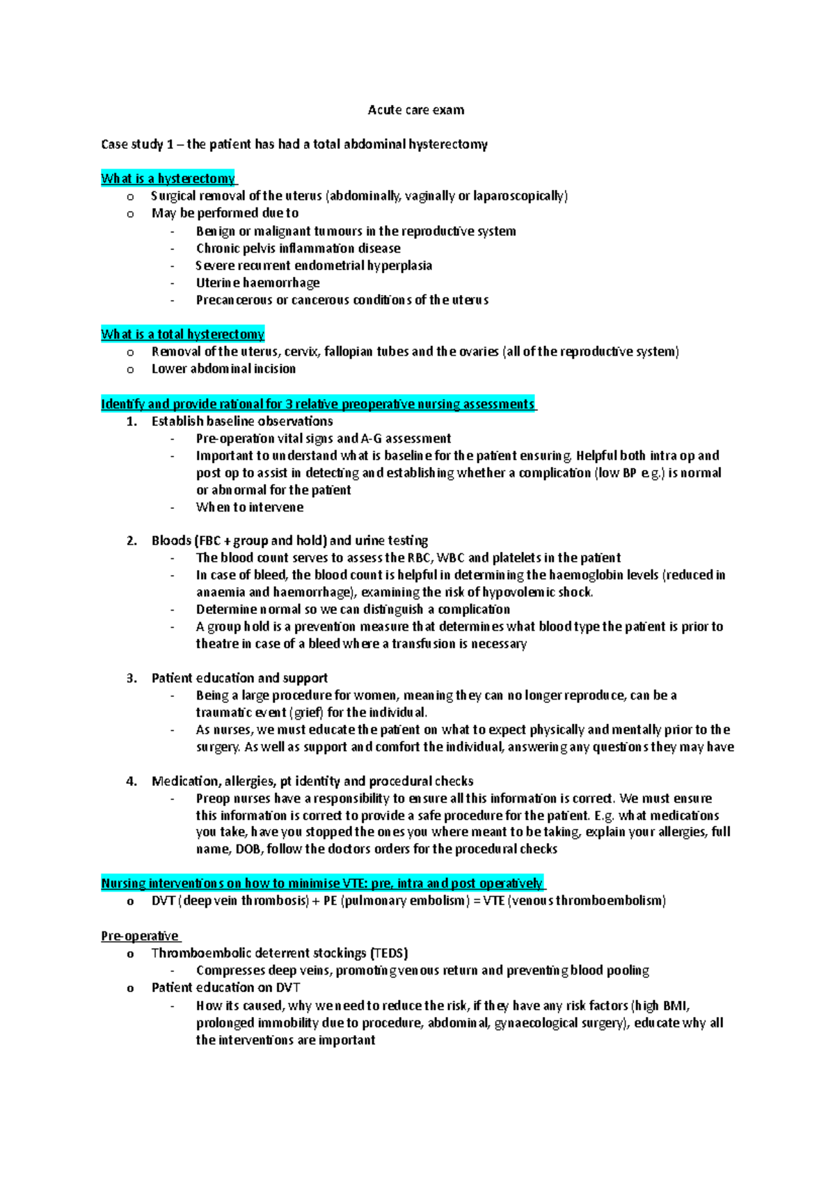 ACU 101: Acute Care Exam Notes on Hysterectomy & Nursing Interventions ...