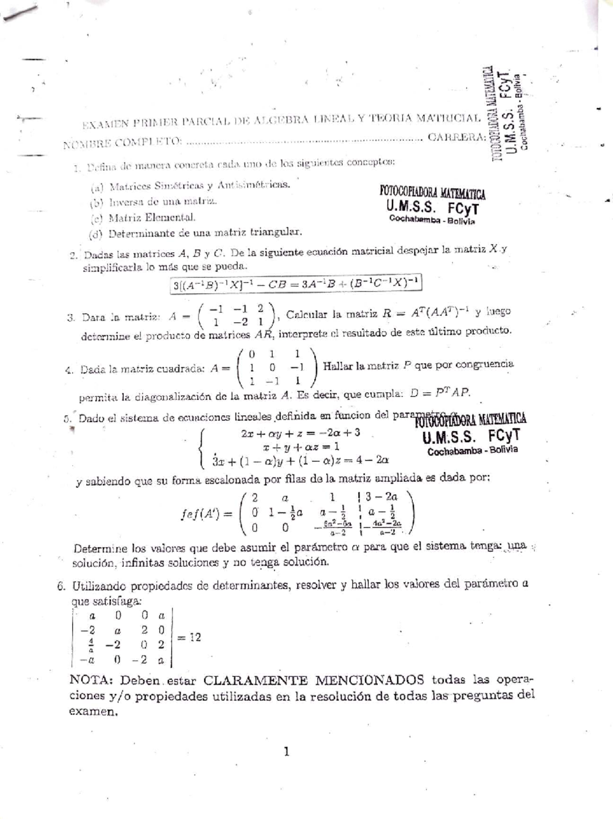 Adobe Scan 30 abr 2025 - Examen de álgebra lineal - EXAMEN PRIMER PARCIAL DE ALGEBRA LINEAL Y ...
