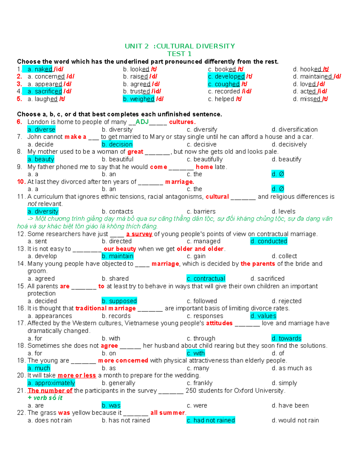 Unit 2: Cultural Diversity Test 1 - Pronunciation and Sentence ...