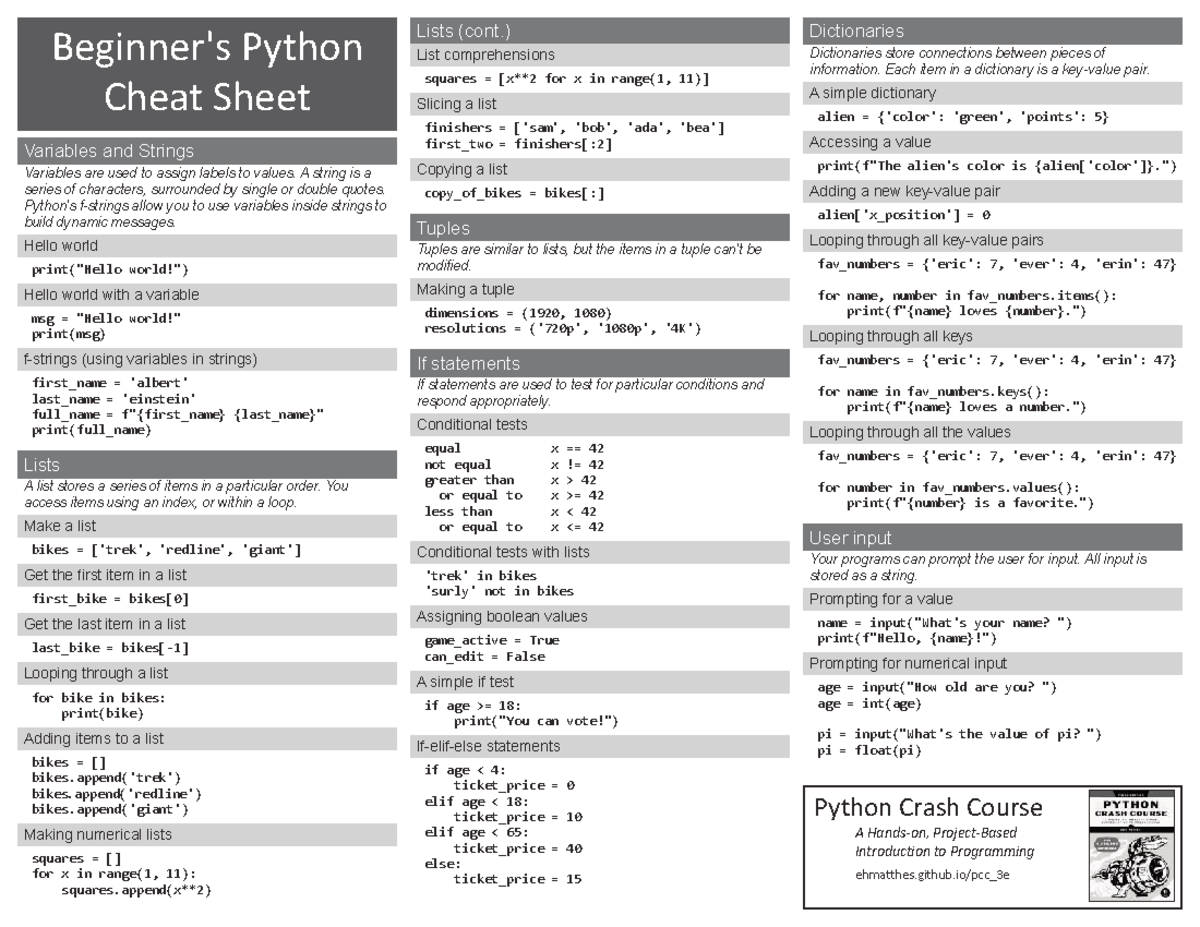 Beginners Python Cheat Sheet: Lists, Dictionaries, and More (PCC) - Studocu