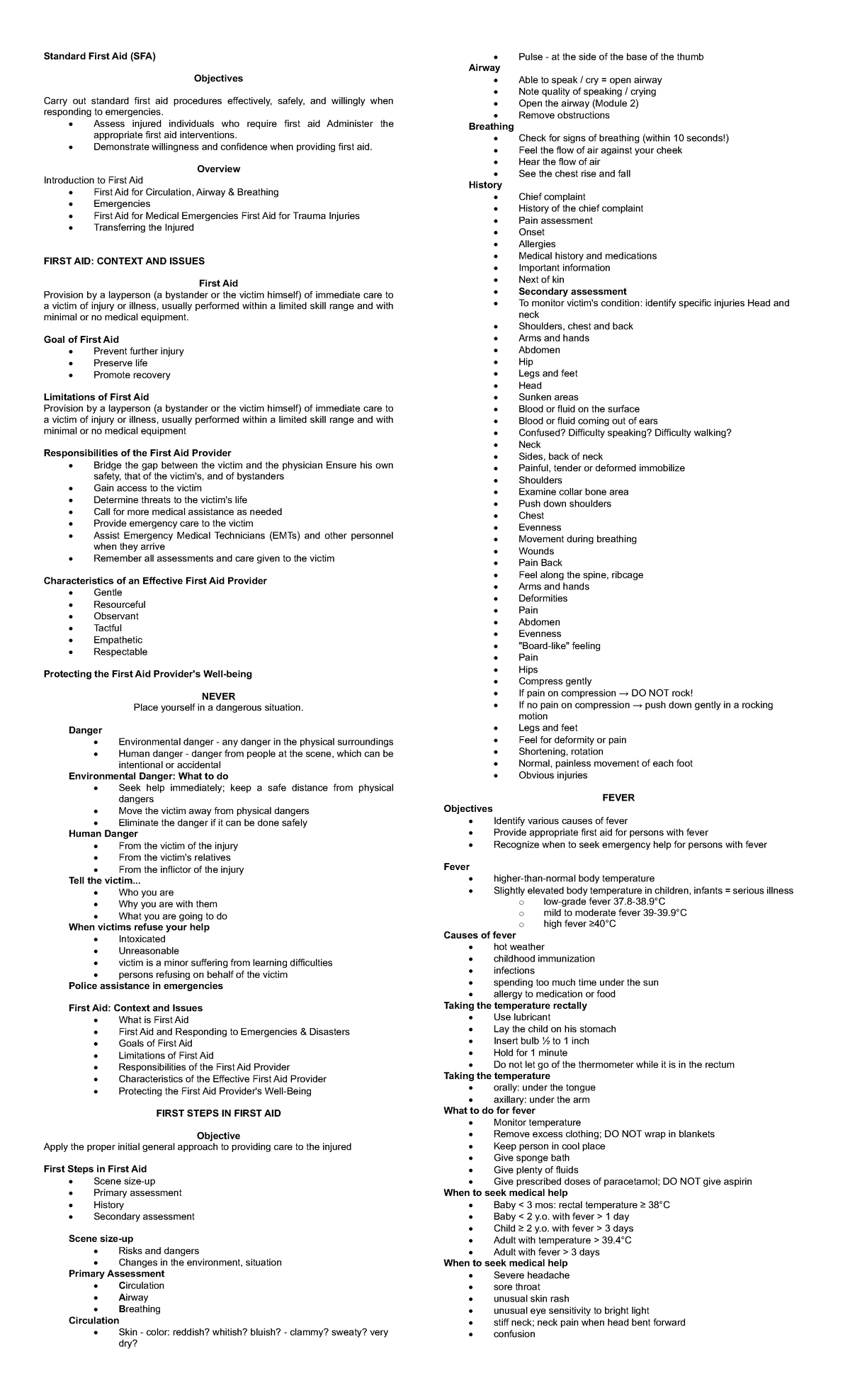 Standard First Aid (SFA) Procedures and Emergency Response Guide - Studocu