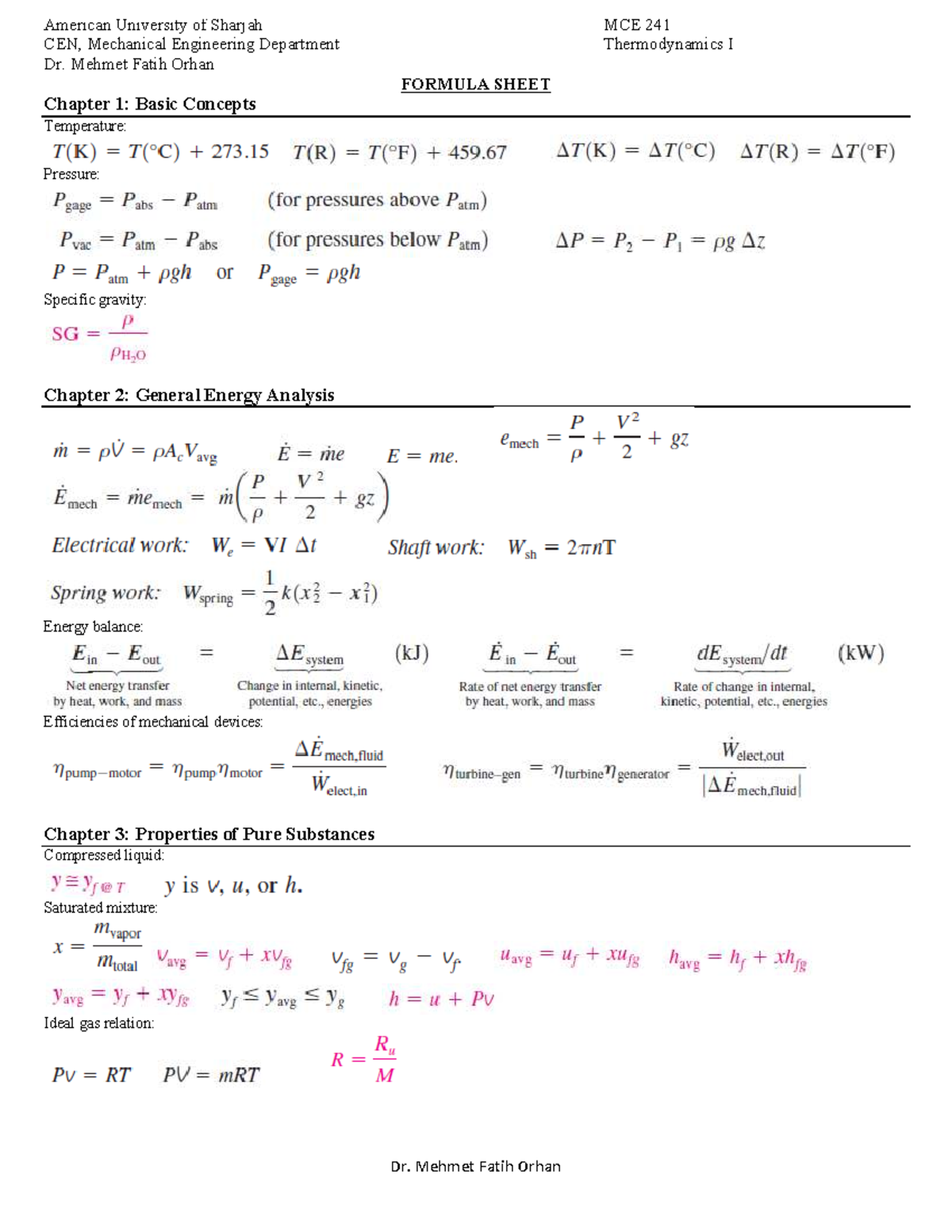 MCE 241 Thermodynamics I Formula Sheet - Key Concepts & Equations - Studocu