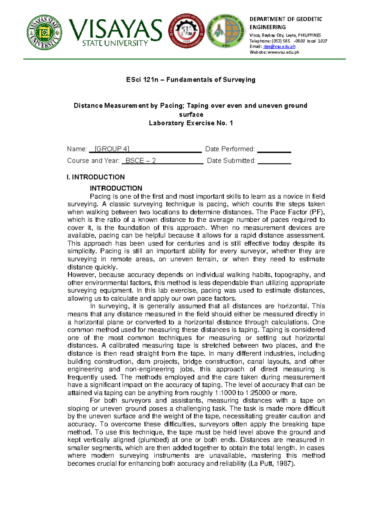 ESci 121n Lab Exercise 1: Fundamentals of Surveying - Taping Techniques ...