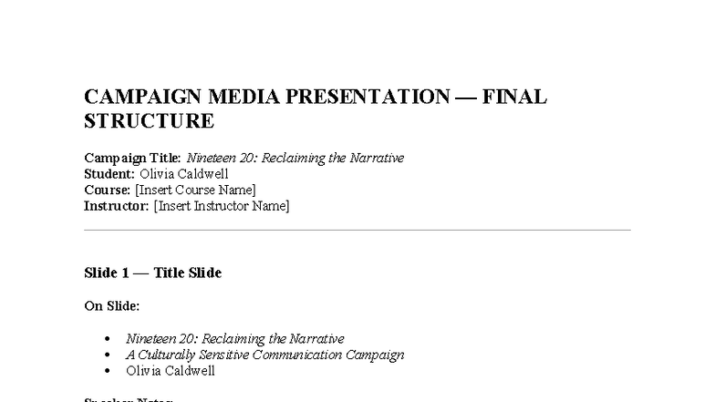 Nineteen 20: Reclaiming the Narrative - Final Presentation Outline ...