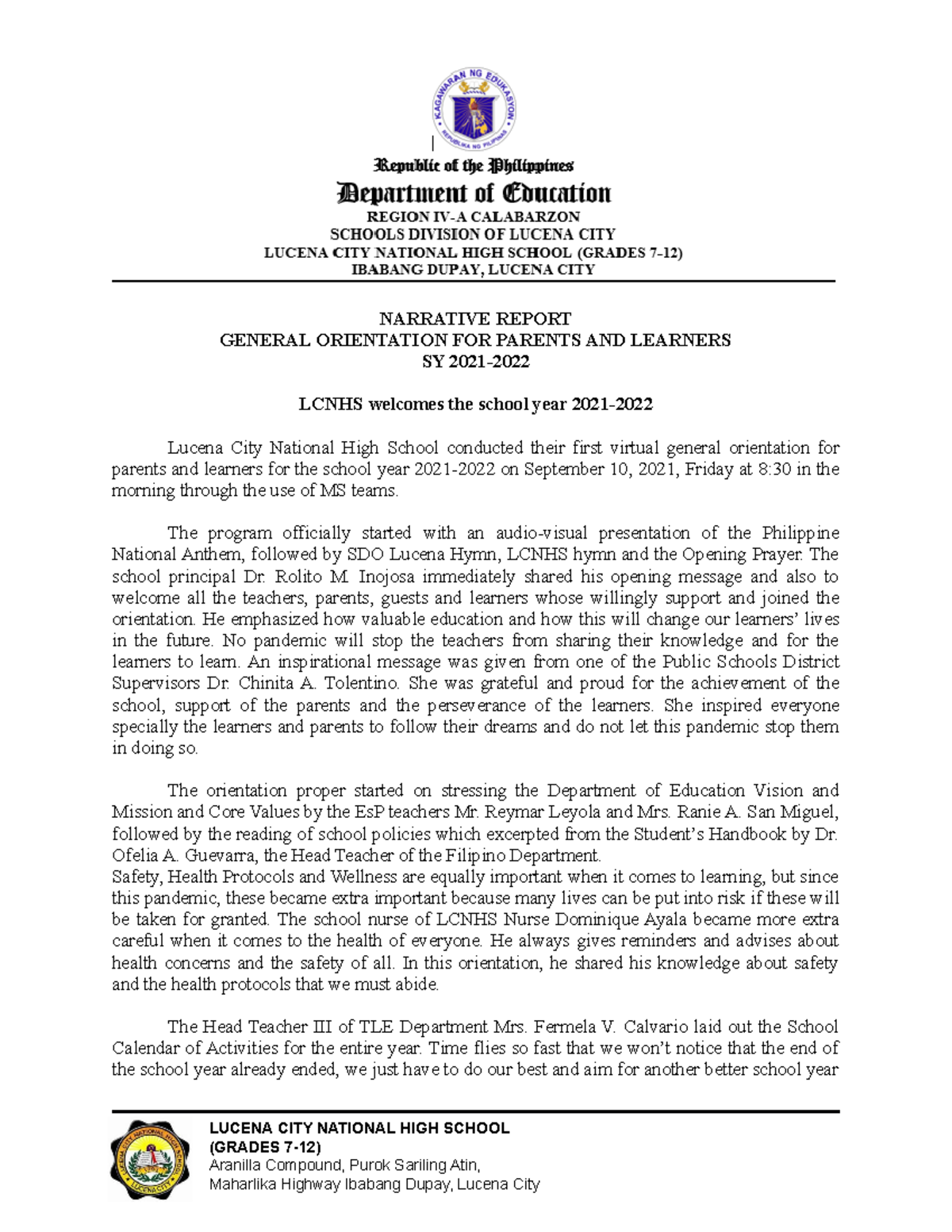 6 Narrative General Orientation for sbm purposes - NARRATIVE REPORT ...