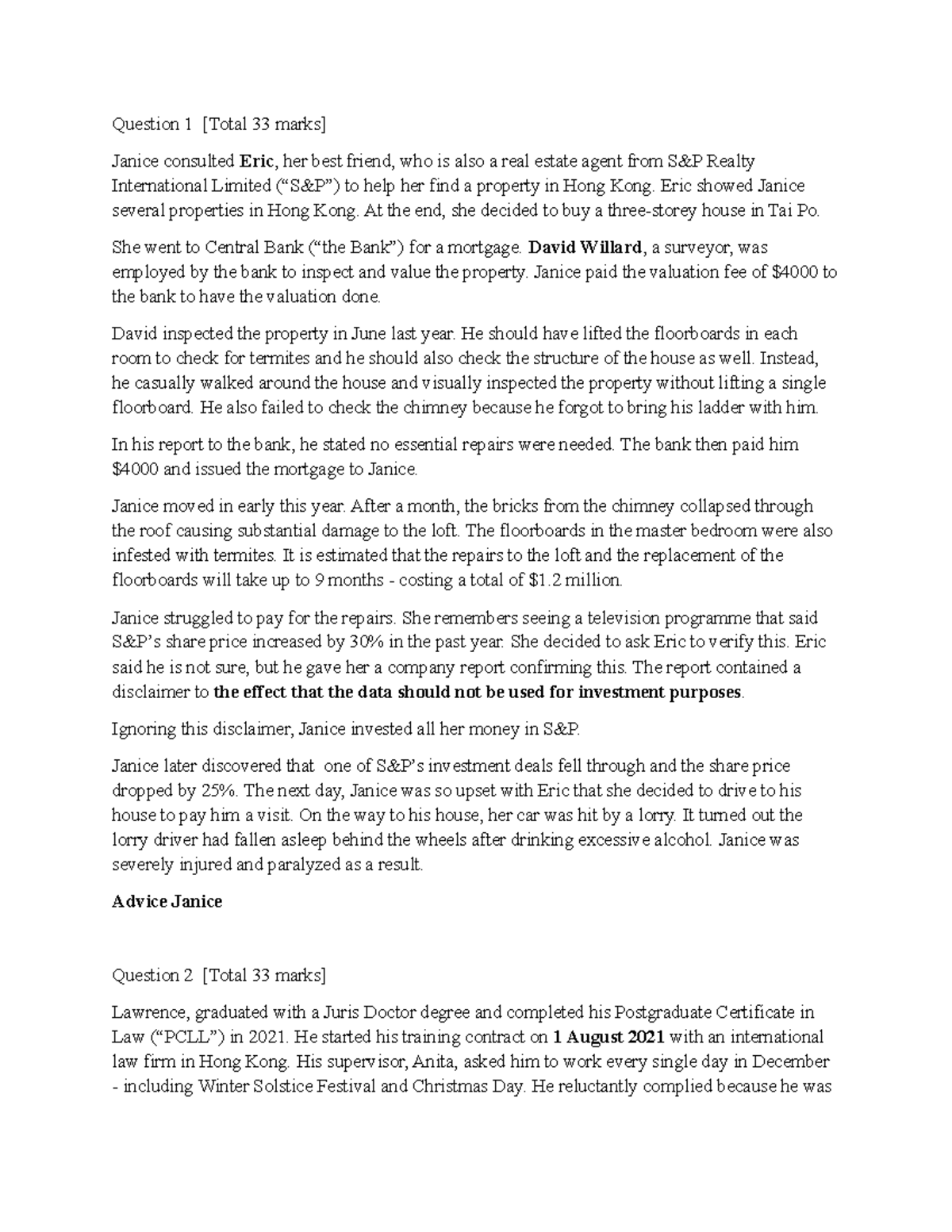 Final Exam Case Study: Legal Issues in Property and Employment Law (LAW 2022) - Studocu