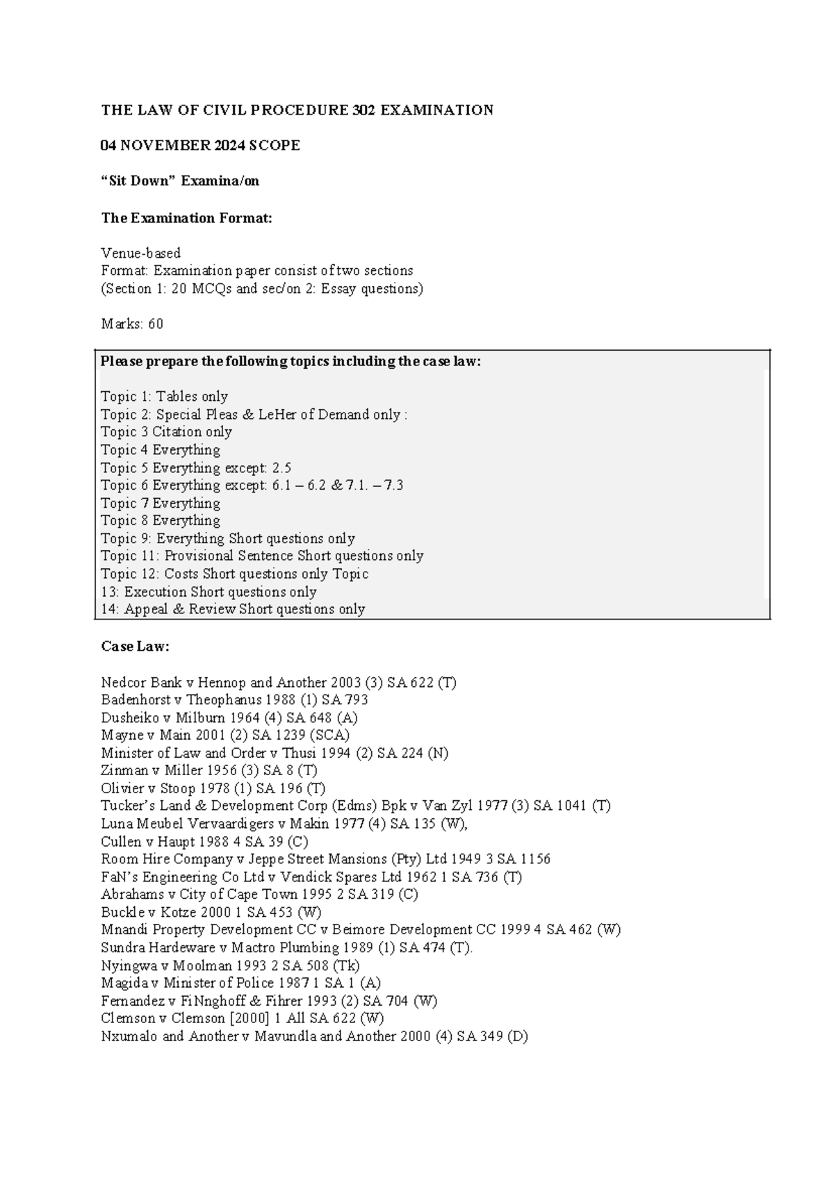 LAW 302 - Civil Procedure Examination Preparation Notes for 2024 - Studocu