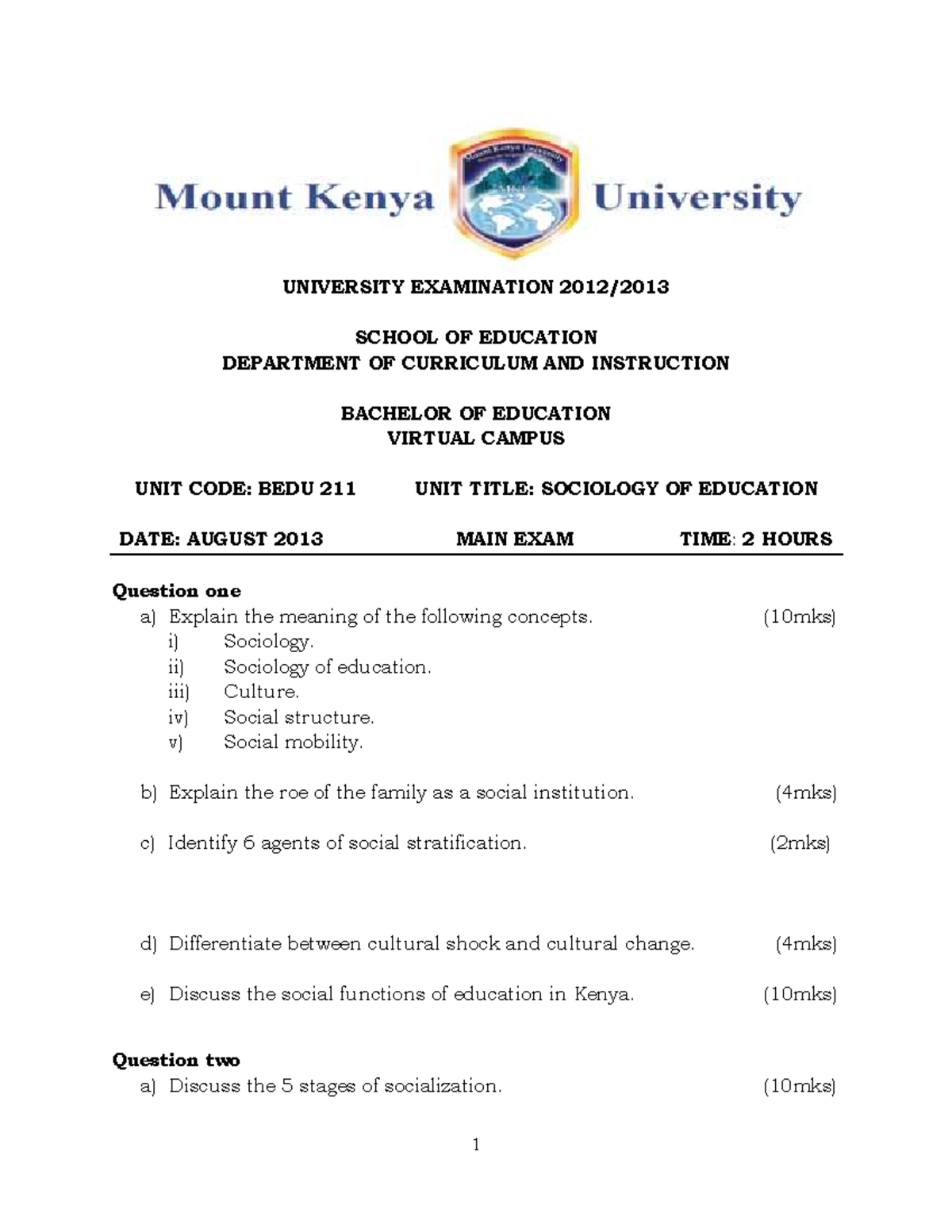 BEDU 211 S Ociology OF Education MAIN - 1 UNIVERSITY EXAMINATION 2012 ...