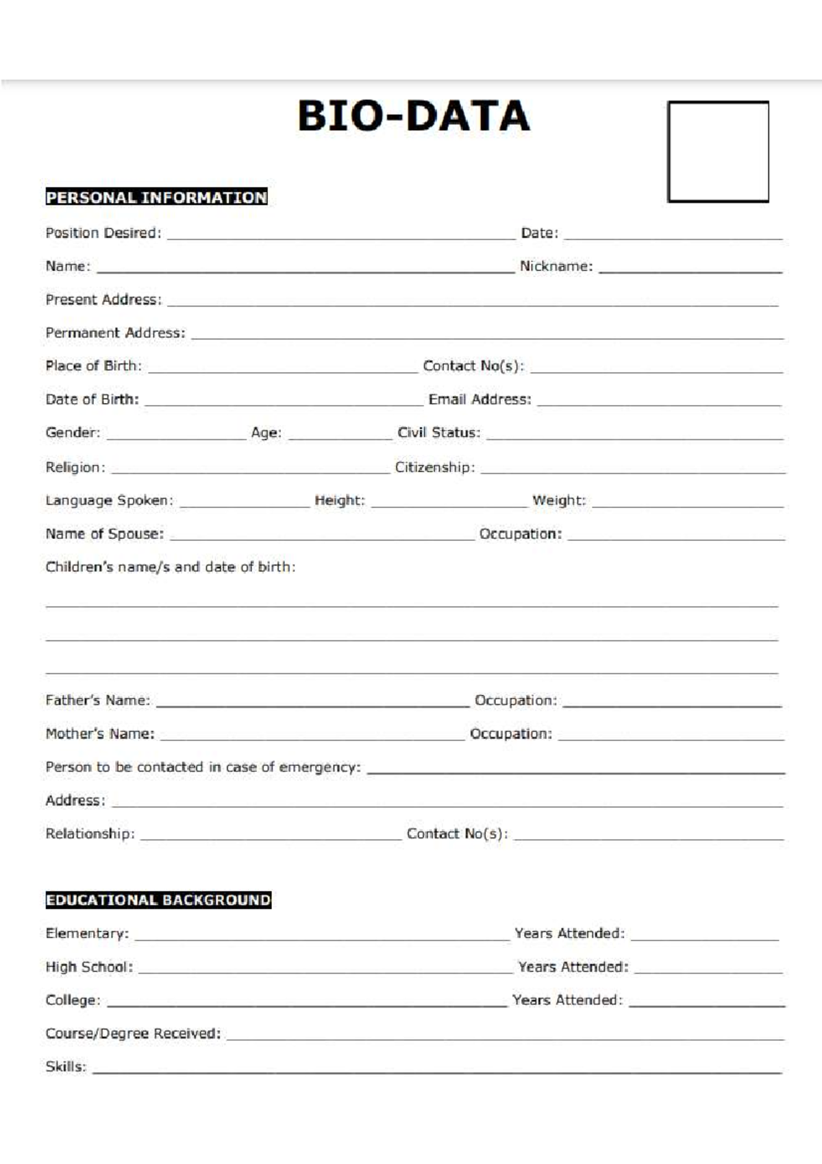 Bdt - biodata sample - PERSONAL INFORMATION Position Desired: Date ...
