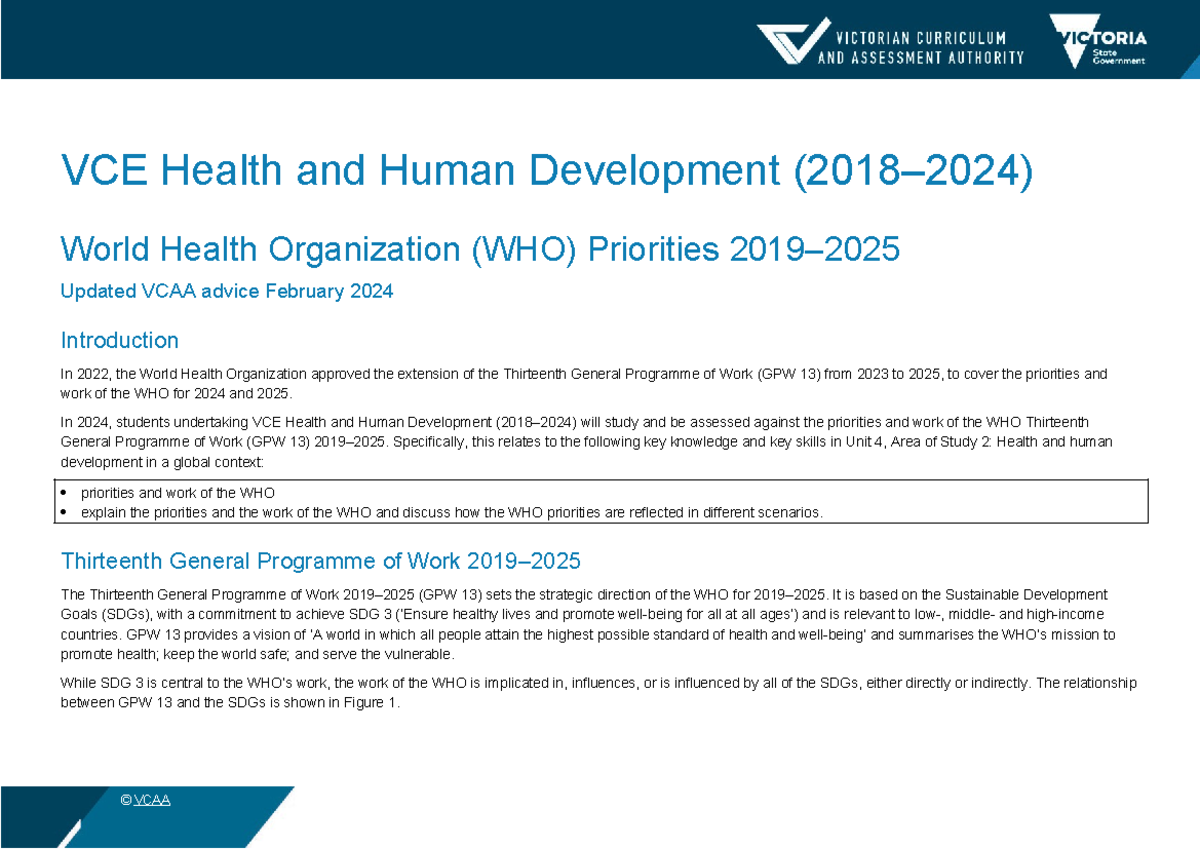 VCE Health and Human Development: WHO Priorities 2024-2025 Overview ...