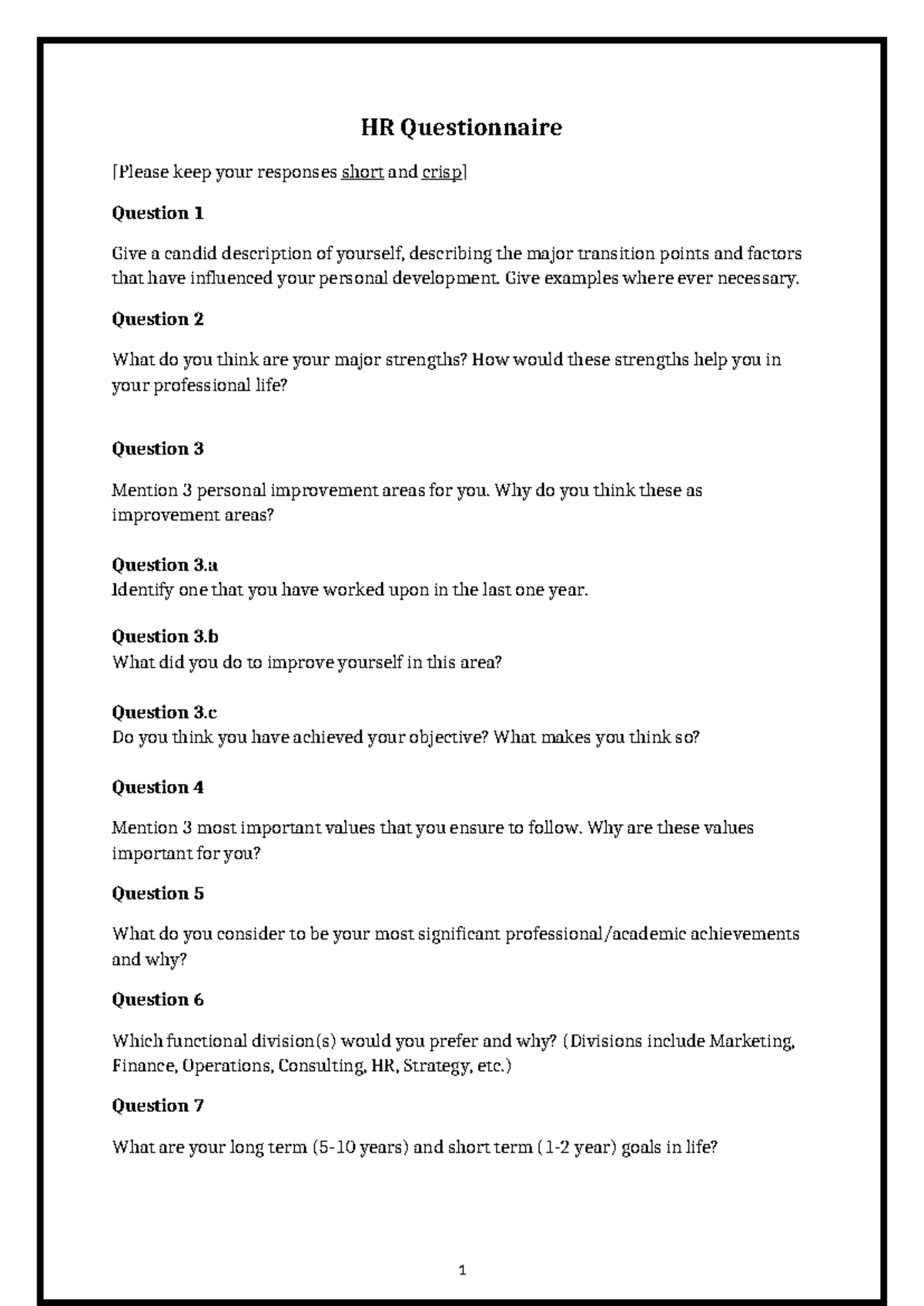 HR Questionnaire: Personal Development Insights and Reflections - Studocu