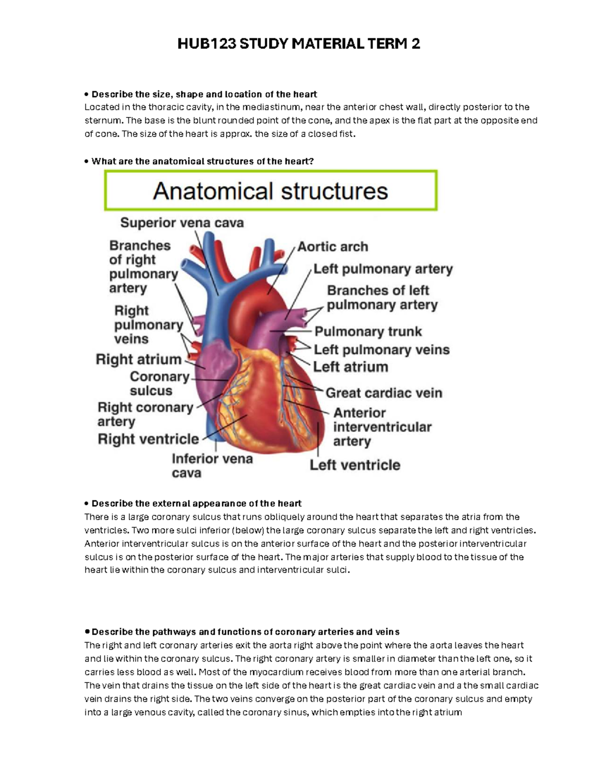 HUB123 Term 2 Lecture Notes: Anatomy and Function of the Heart - Studocu