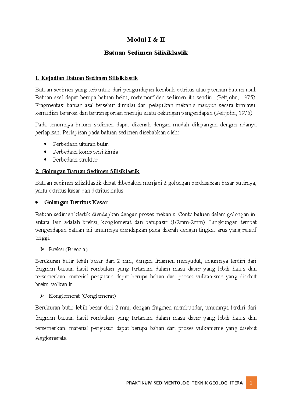Modul I & II: Studi Batuan Sedimen Silisiklastik dan Karakteristiknya ...