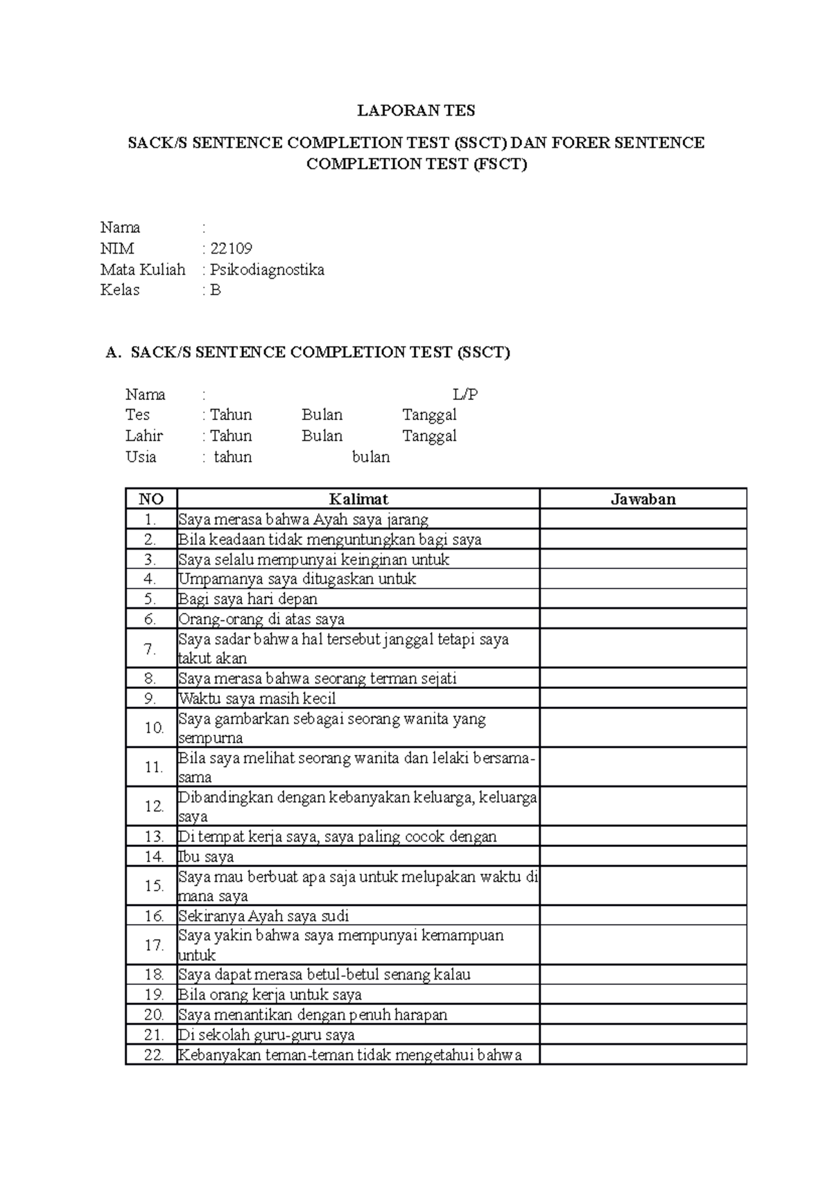 Laporan Tes SACK/S SSCT & FSCT – Psikodiagnostika Kelas B - Studocu
