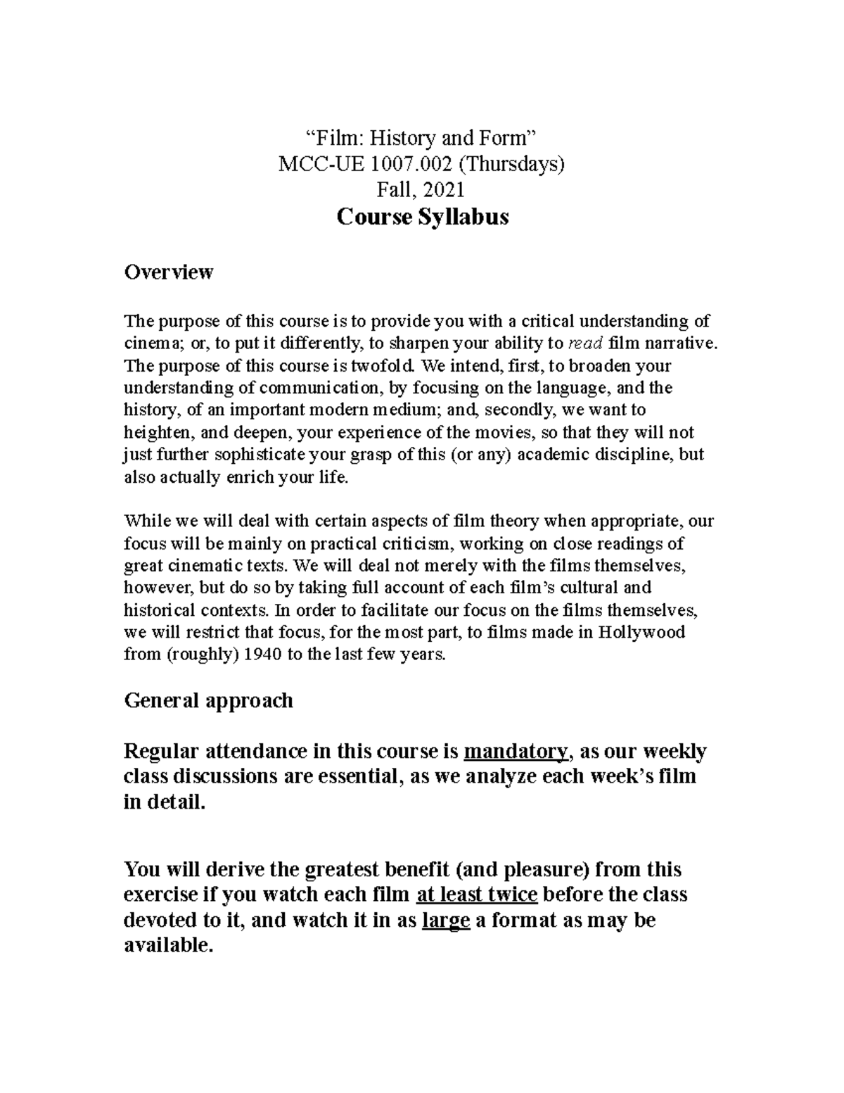 Film: History and Form Syllabus (MCC-UE 1007.002, Fall 2021) - Studocu
