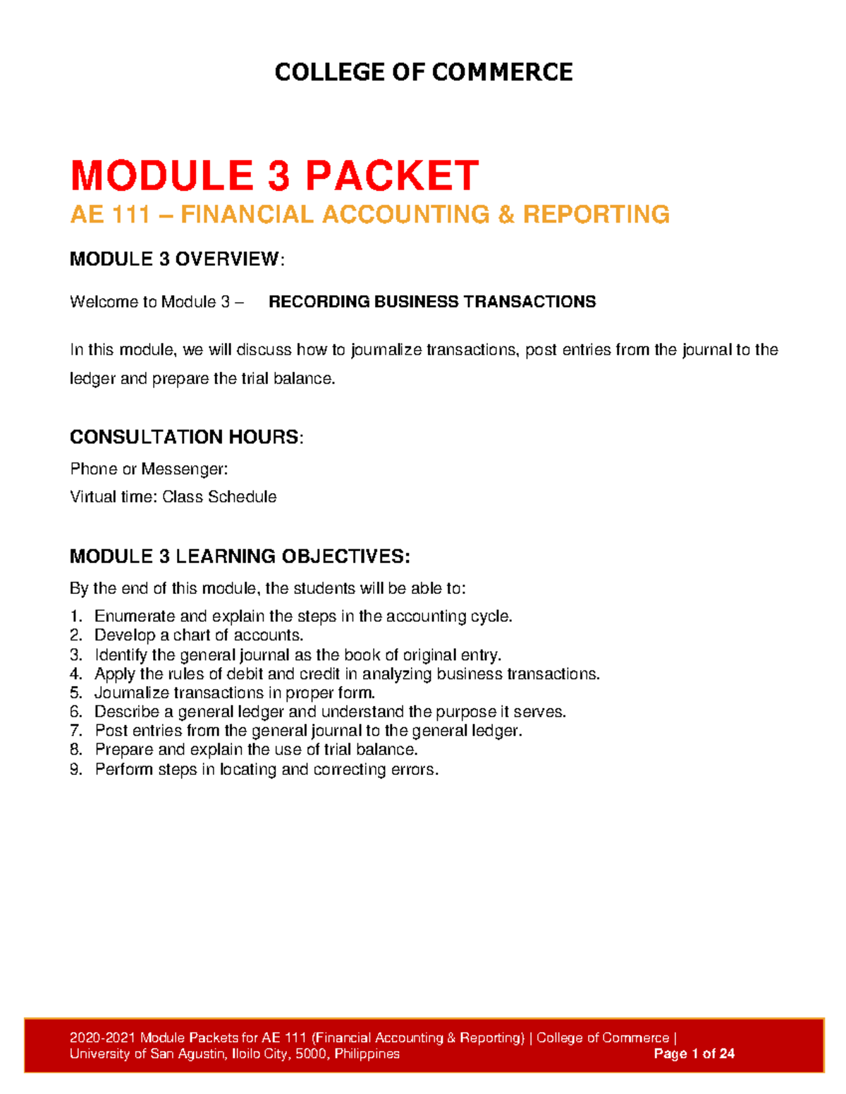 11 AE 111 Module 3: Journalizing and Posting Business Transactions ...