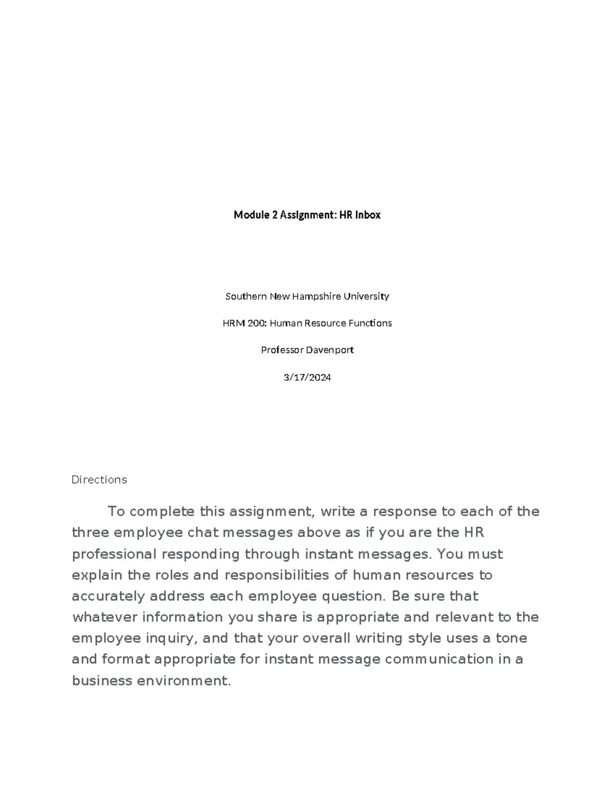 HRM 200: Module 2 Assignment - HR Inbox Responses - Studocu
