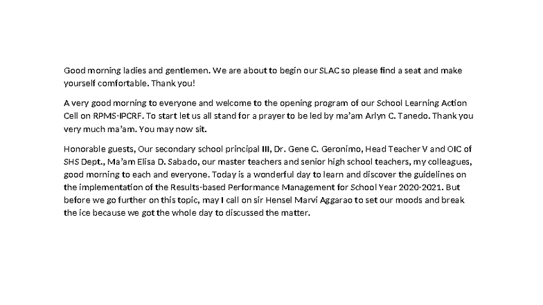 SLAC Opening Program Script - Notes - Studocu