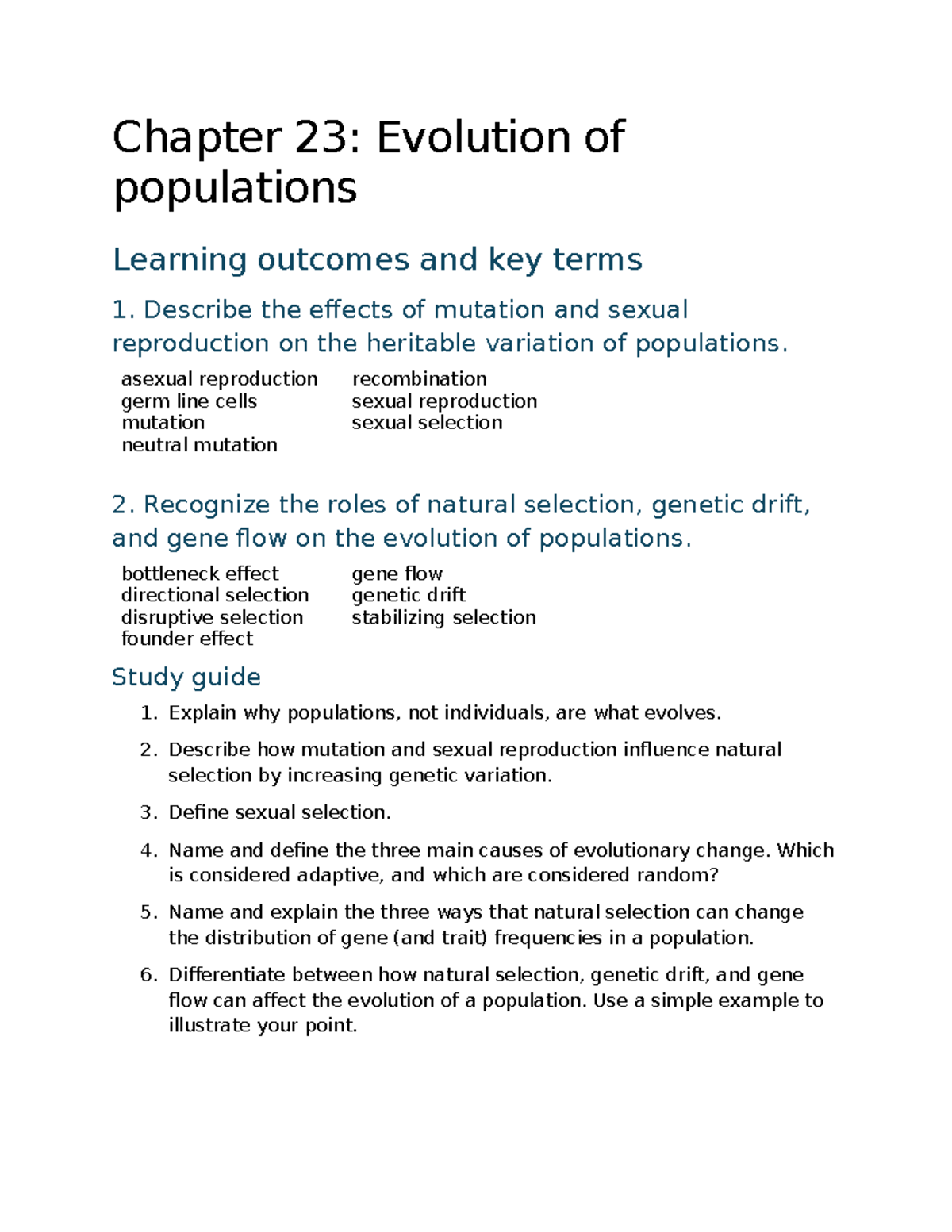 Chapter 23: Evolution of Populations - Study Guide & Key Terms - Studocu