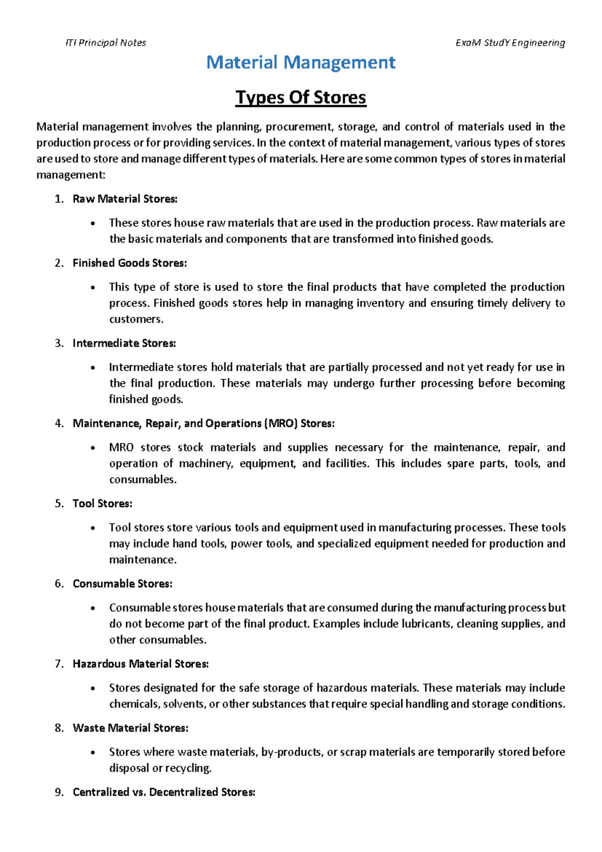 ITI Principal Notes: Material Management Overview and Types of Stores ...