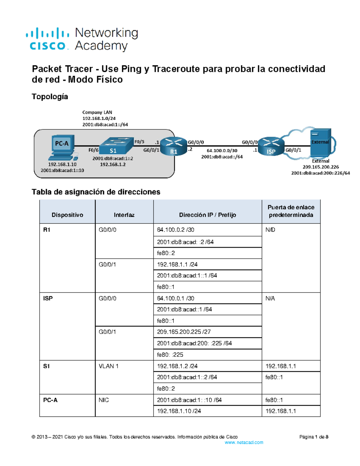 Packet Tracer: Uso de Ping y Traceroute para Conectividad de Red - Studocu