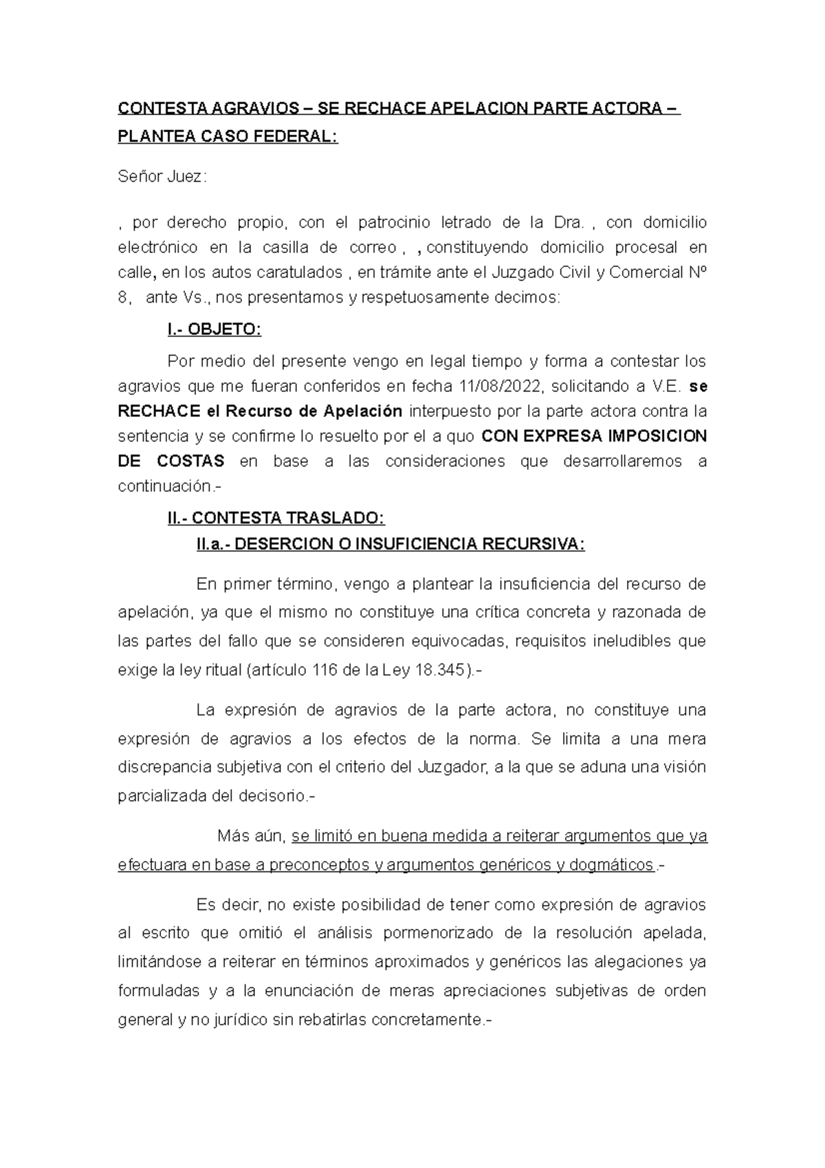 Contestación de Agravios a Recurso de Apelación - Caso Federal - Studocu
