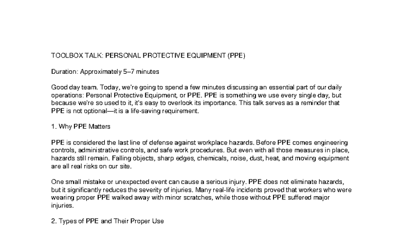 PPE Toolbox Talk: Importance and Proper Use of Personal Protective ...