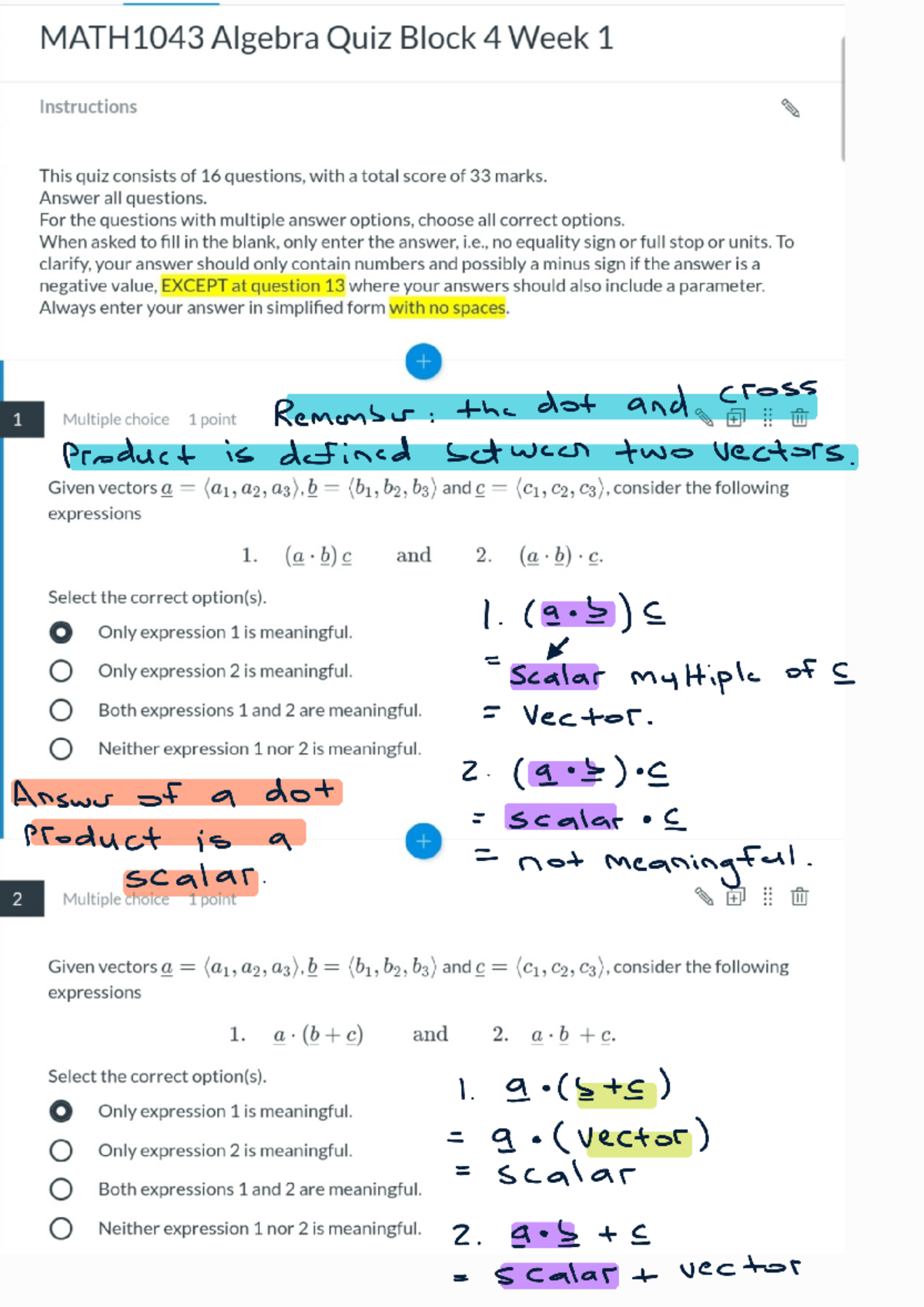 Algebra Quiz week 1 solutions - Block 4 - MATH1043 Algebra Quiz Block 4 ...